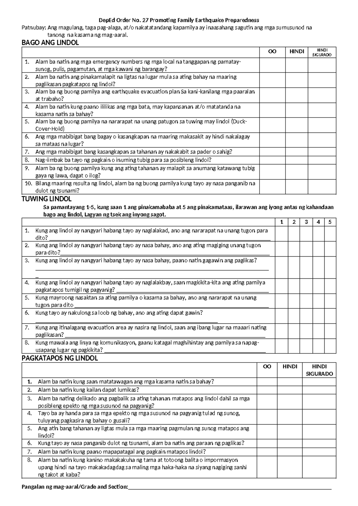 Questionnaire-Dep Ed-Order-No.-27-fam.-preparedness - DepEd Order No ...