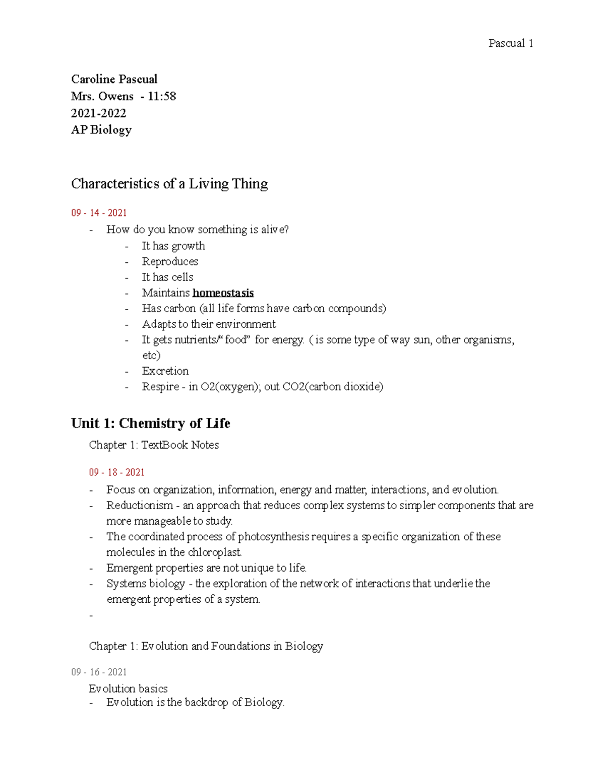 AP Biology Notes S1 - Chapter overviews - Caroline Pascual Mrs. Owens ...