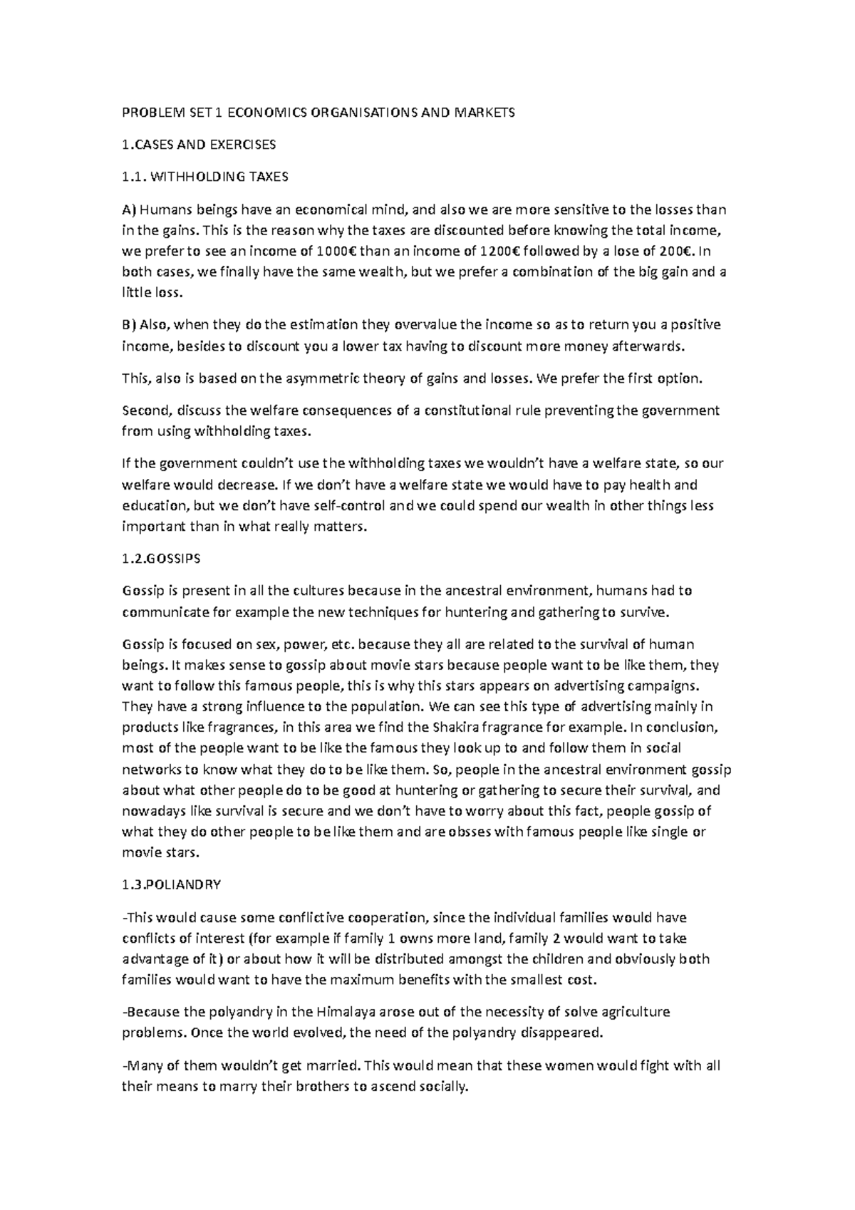 Problem SET 1 Economics Organisations AND Markets - PROBLEM SET 1 ECONOMICS ORGANISATIONS AND ...