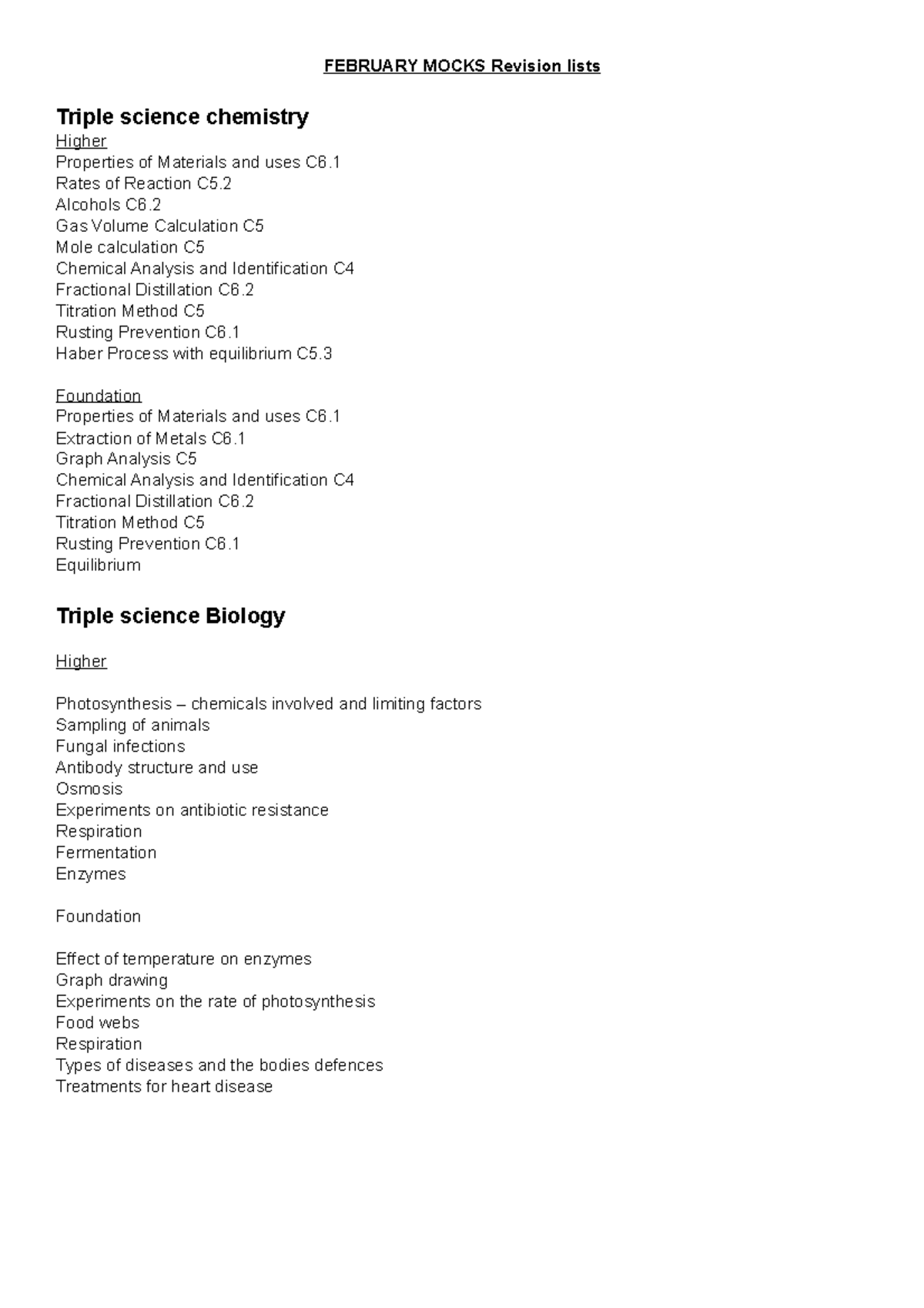 Feb Mocks Revision lists - FEBRUARY MOCKS Revision lists Triple science ...