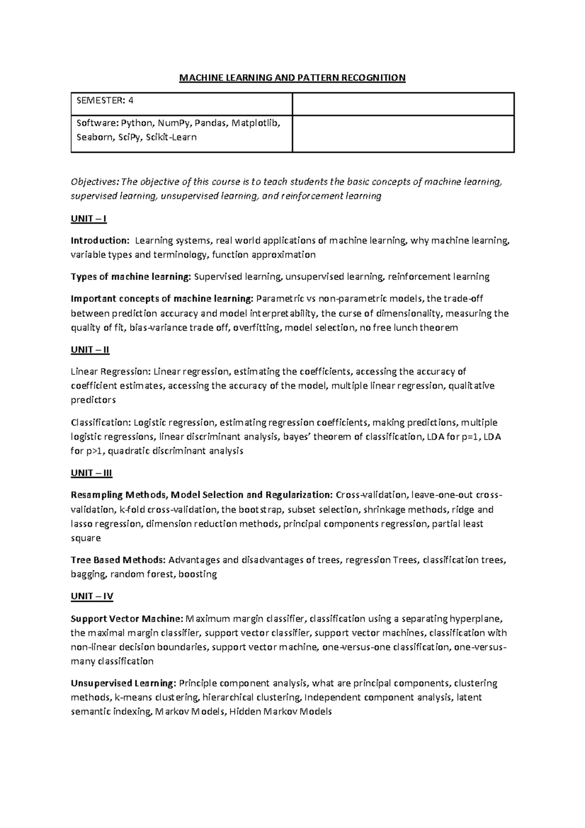 ML Syllabus - MACHINE LEARNING AND PATTERN RECOGNITION SEMESTER: 4 ...