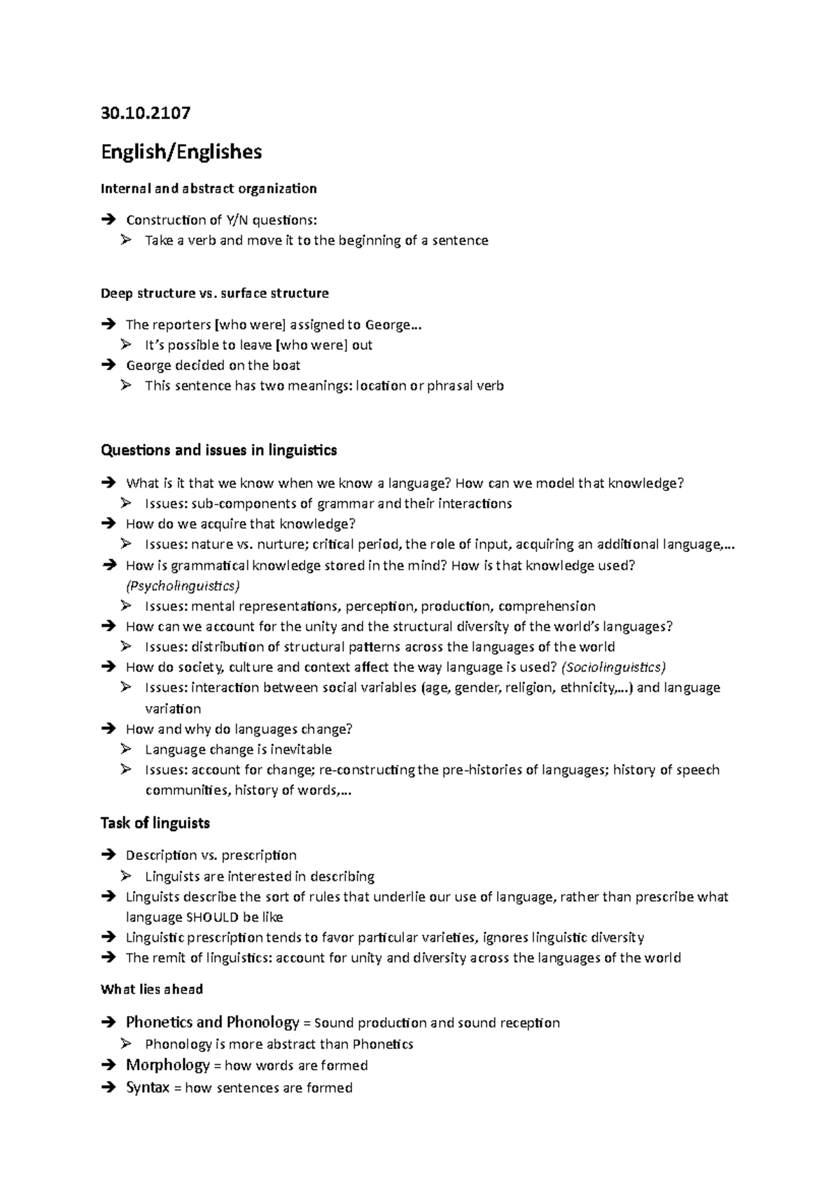 Notes - Zusammenfassung Introduction to English Linguistics - 30.10 ...