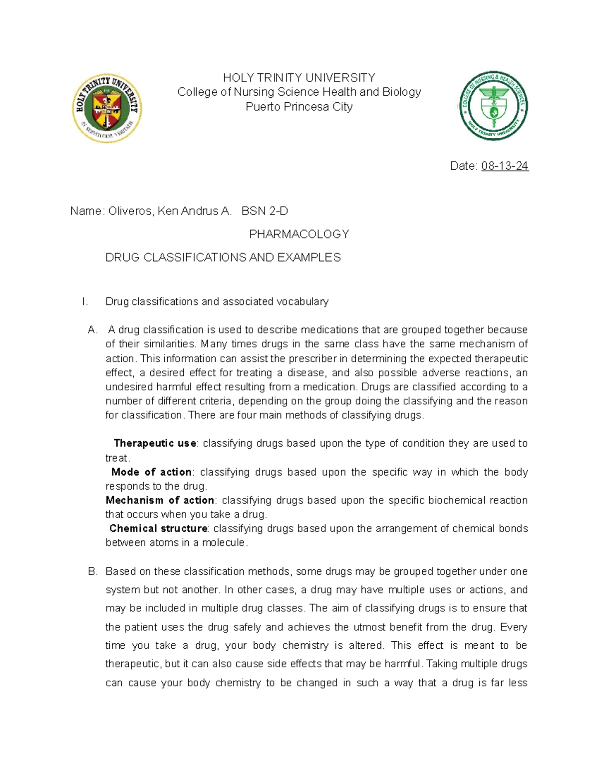 Drugs-classifications - HOLY TRINITY UNIVERSITY College of Nursing ...