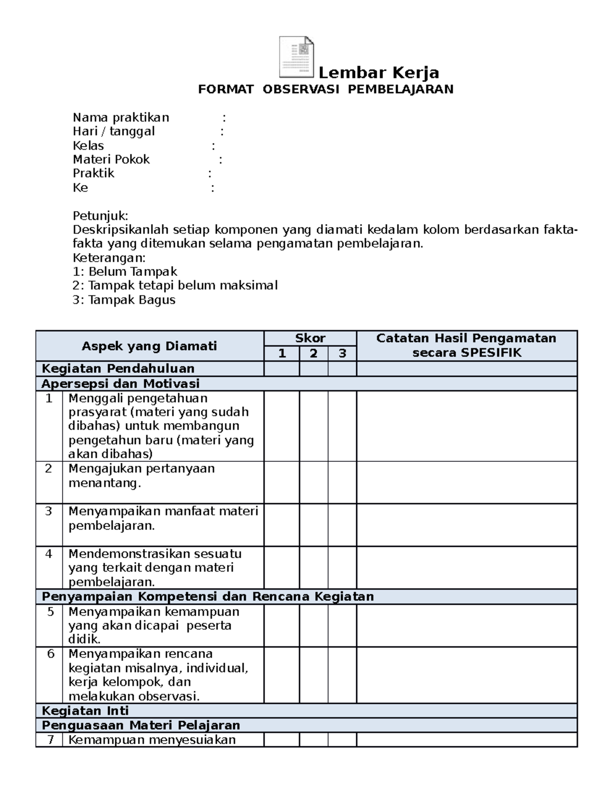 Format Lembar Observasi Pembelajaran - Lembar Kerja FORMAT OBSERVASI ...