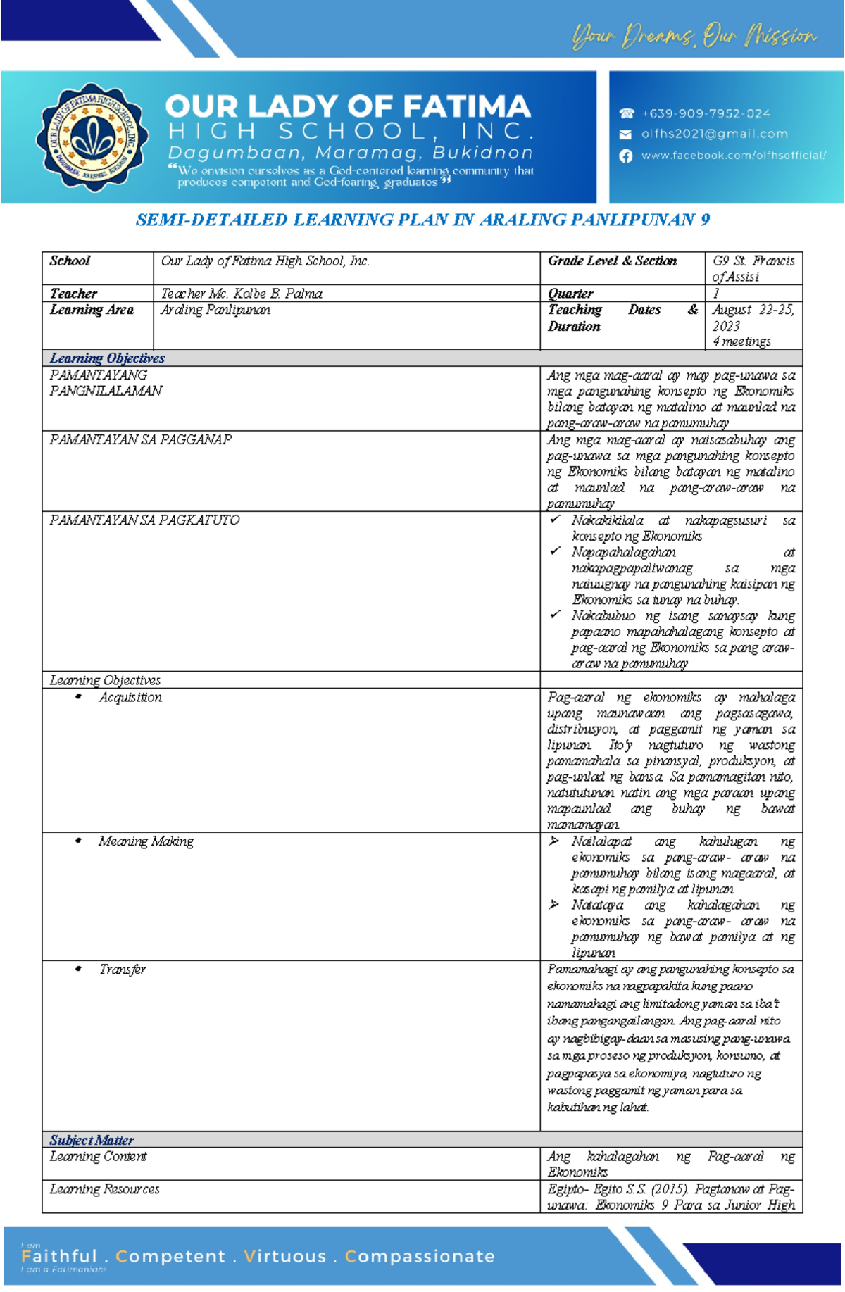 Araling Panlipunan 9 Lesson PLAN W1 - SEMI-DETAILED LEARNING PLAN IN ...