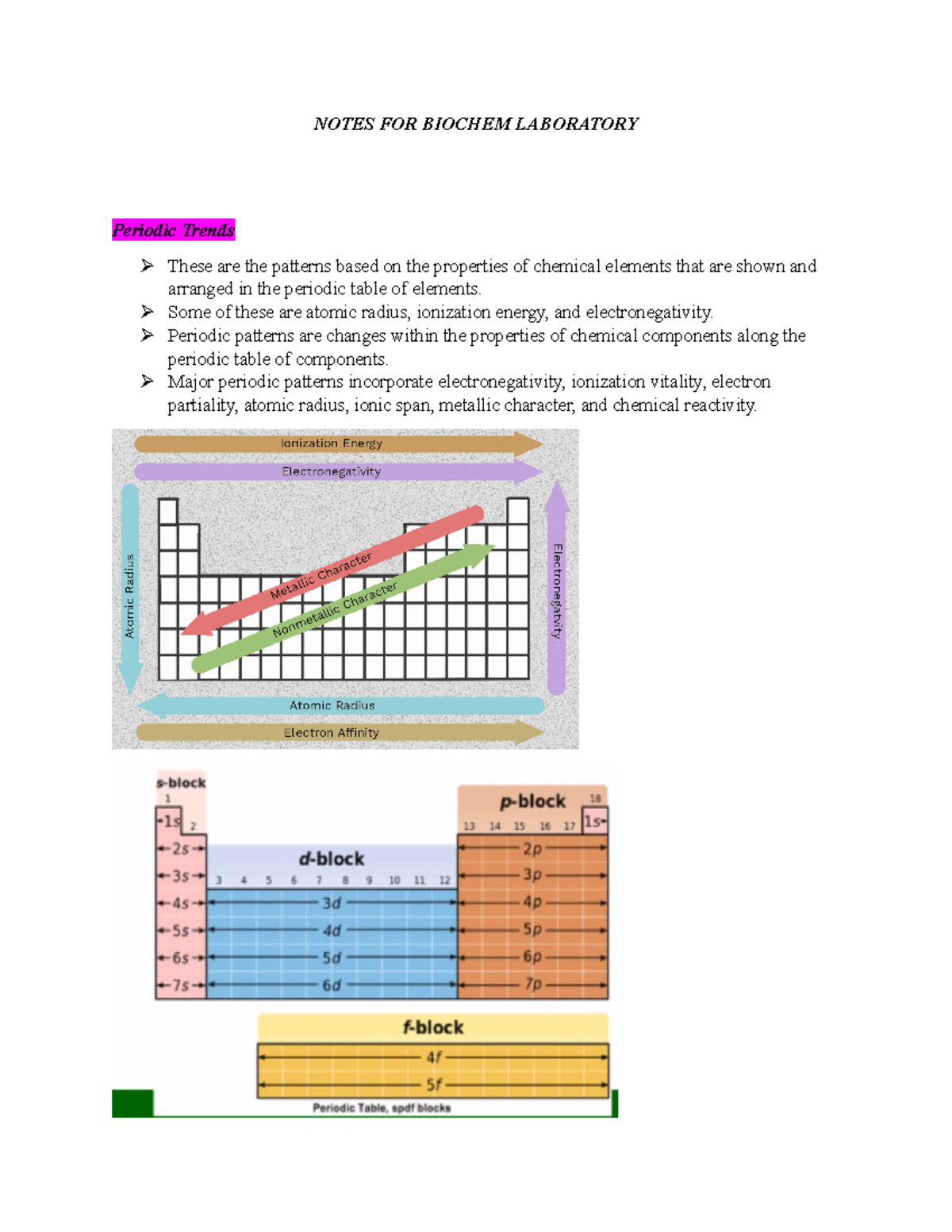 Notes FOR Biochem Laboratory - NOTES FOR BIOCHEM LABORATORY Periodic ...