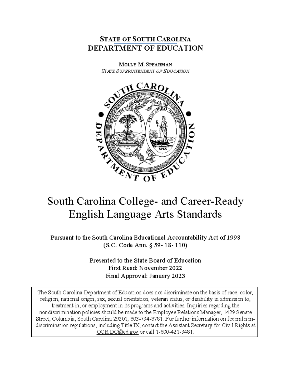 New SC CCR ELA Standards Final May 2024 - S TATE OF S OUTH CAROLINA ...
