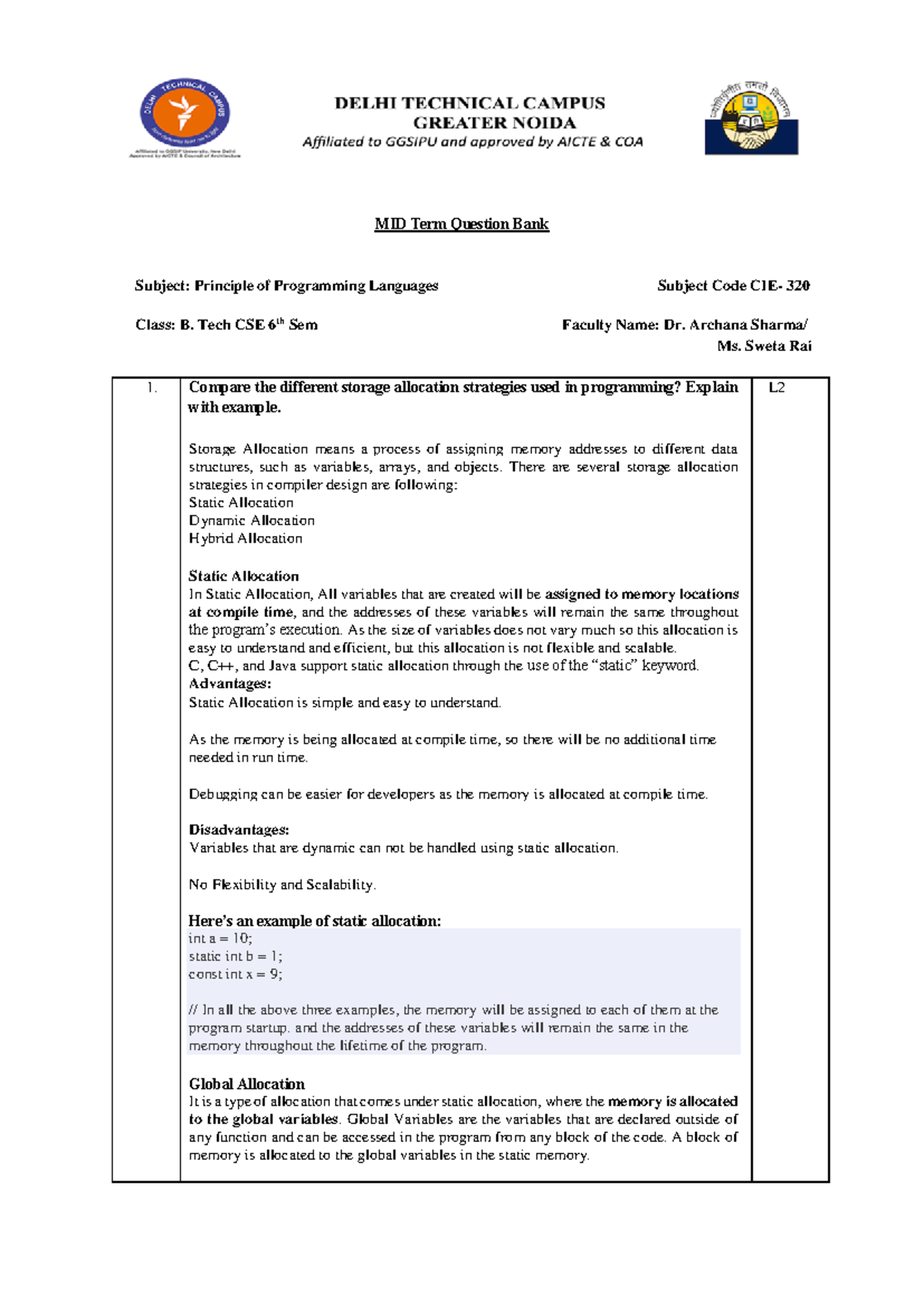 PPL MID Term Question Bank - MID Term Question Bank Subject: Principle ...