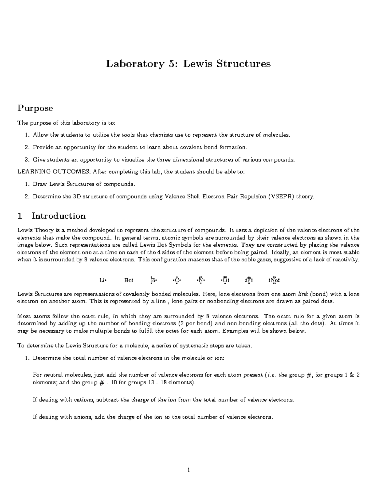 Chem pre lab 7 - Laboratory 5: Lewis Structures Purpose The purpose of ...