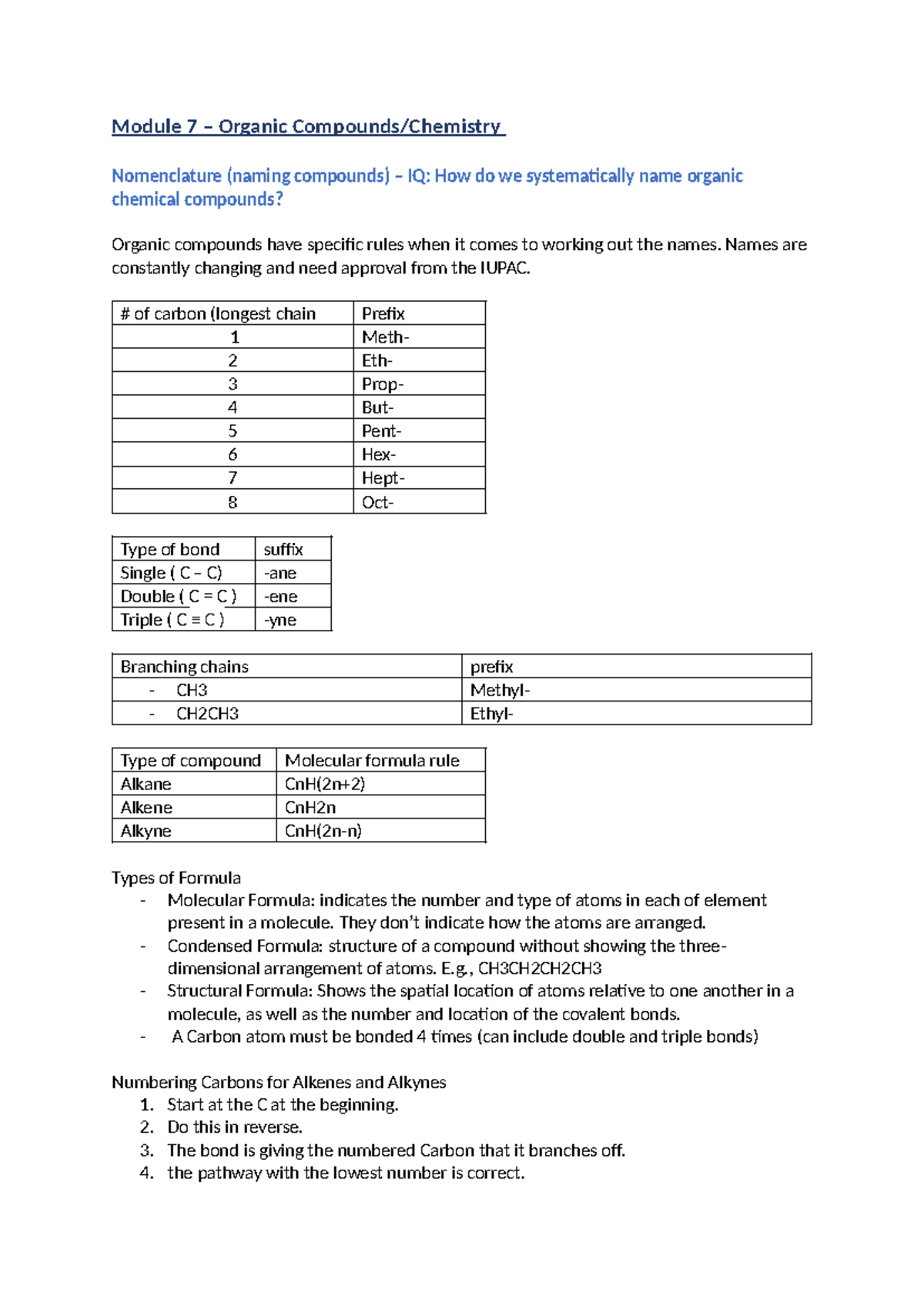 Chem HSC - M7 Notes - Module 7 – Organic Compounds/Chemistry ...