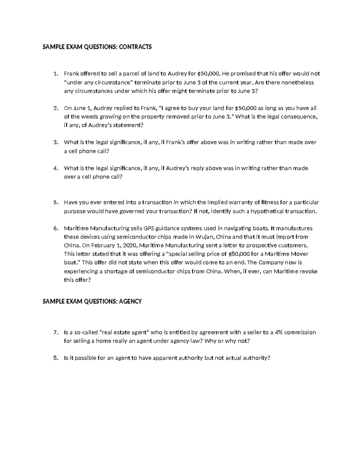 Ucla108 Sampleexamquestions 2010 01 - SAMPLE EXAM QUESTIONS: CONTRACTS ...