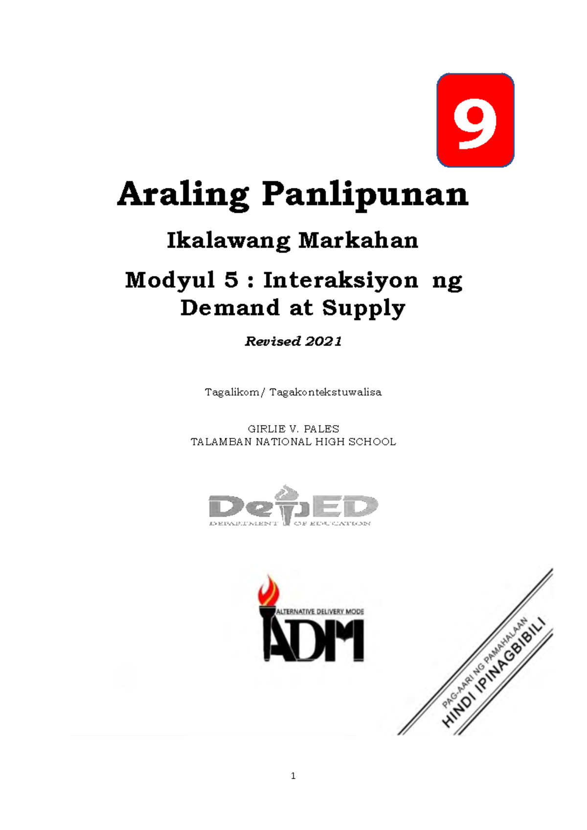 5 Q2 AP - Modules - Araling Panlipunan Ikalawang Markahan Modyul 5 : Interaksiyon ng Demand at ...