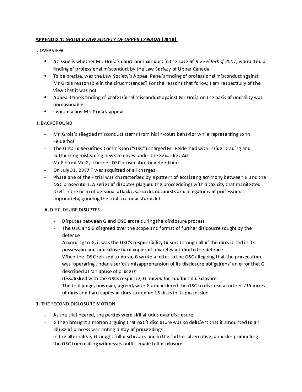 Appendix 1 and 2 - case reading notes - APPENDIX 1: GROIA V LAW SOCIETY ...