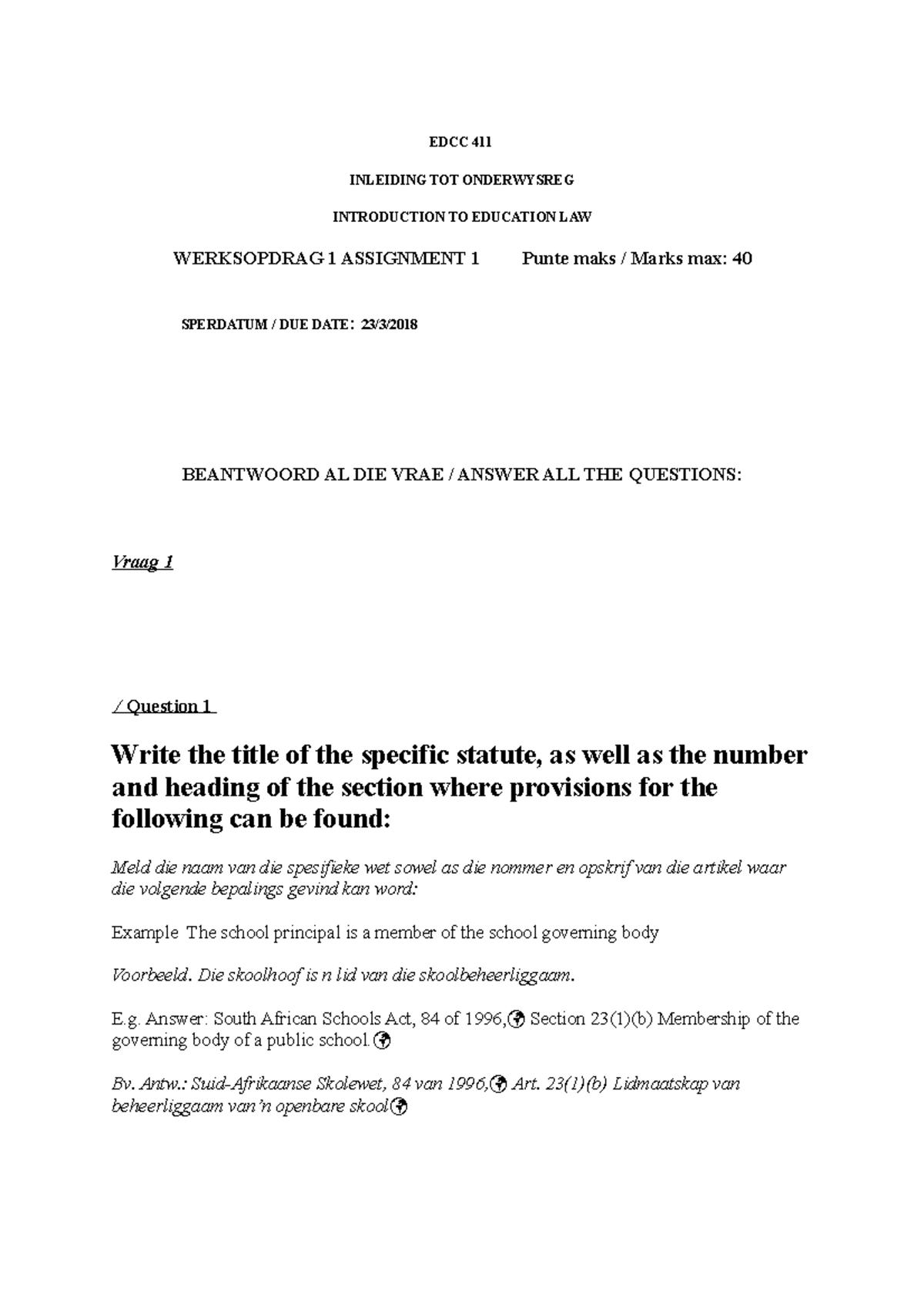 Werksopdrag 1 - Essay assignment - EDCC 411 INLEIDING TOT ONDERWYSREG ...