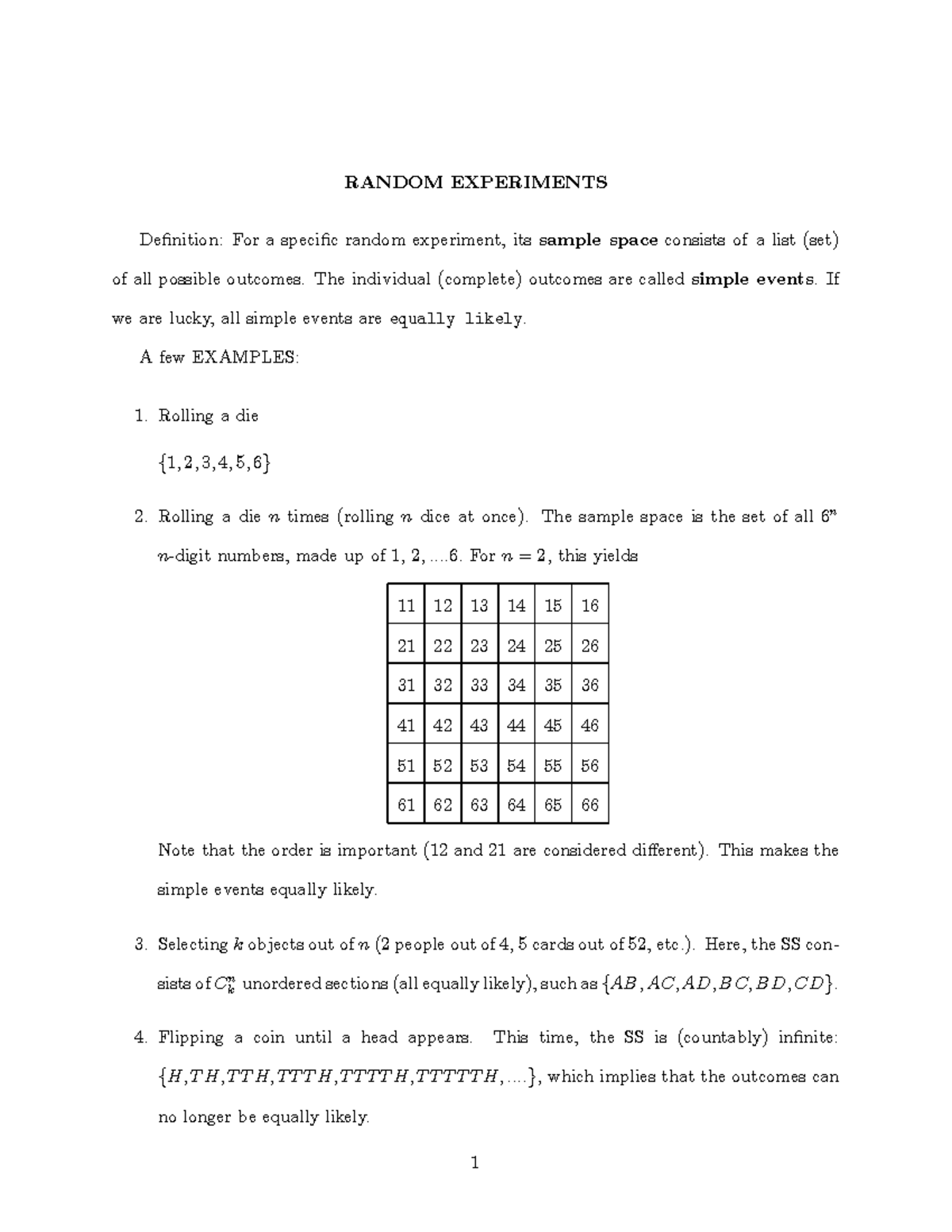 Lec2 Random Experiments - RANDOM EXPERIMENTS Definition: For a specific ...