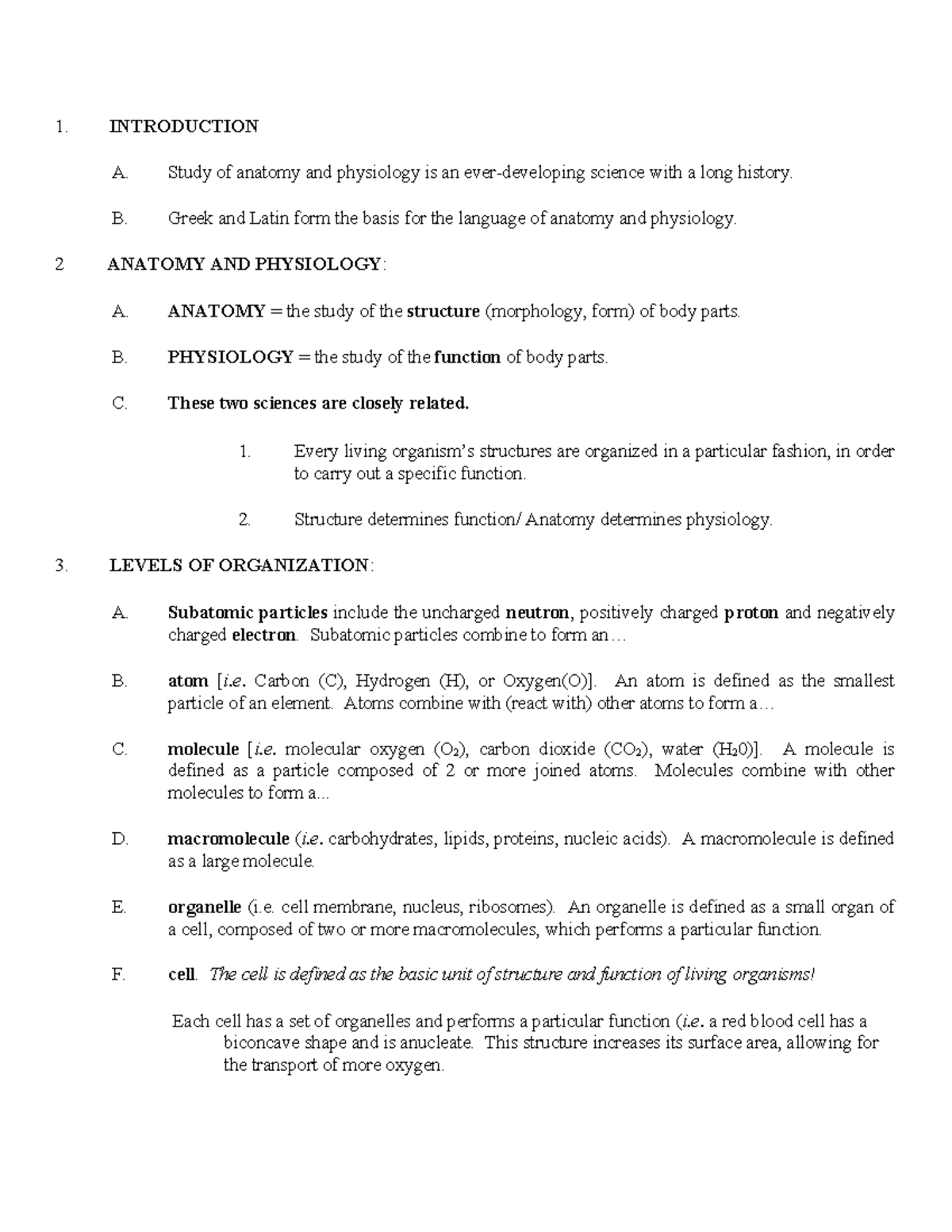 Notes - Introduction to AP - 1. INTRODUCTION A. Study of anatomy and ...