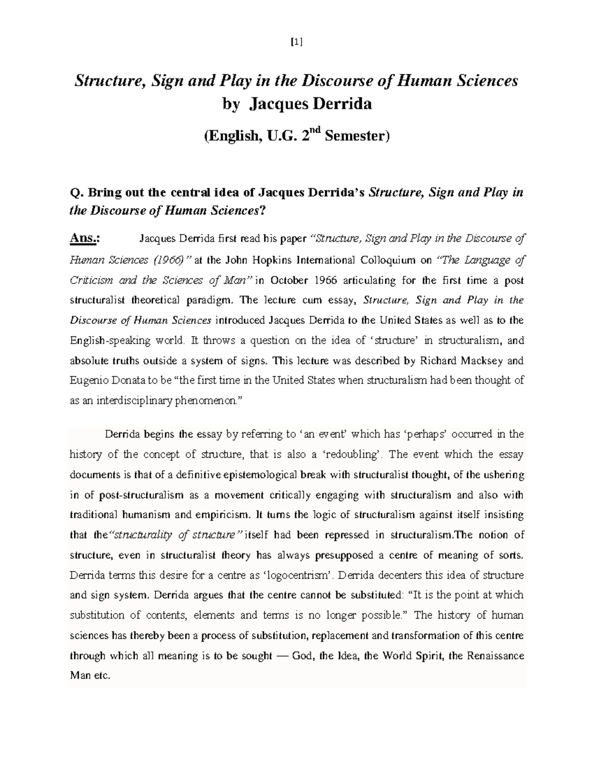 Derrida-by-Dr - Derridsas theory - [1] Structure, Sign and Play in the ...