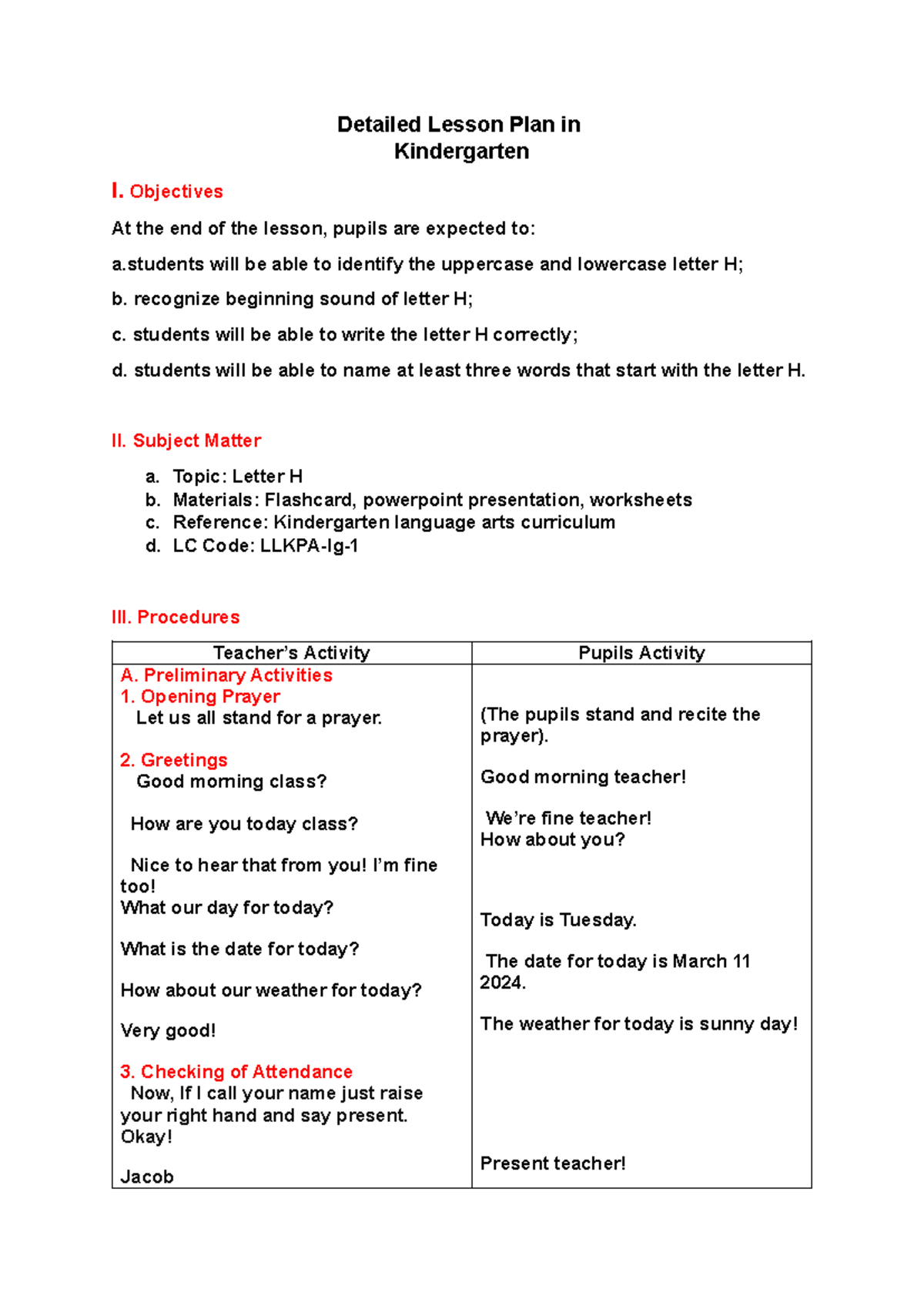 Kindergarten letter h katherine - Detailed Lesson Plan in Kindergarten ...