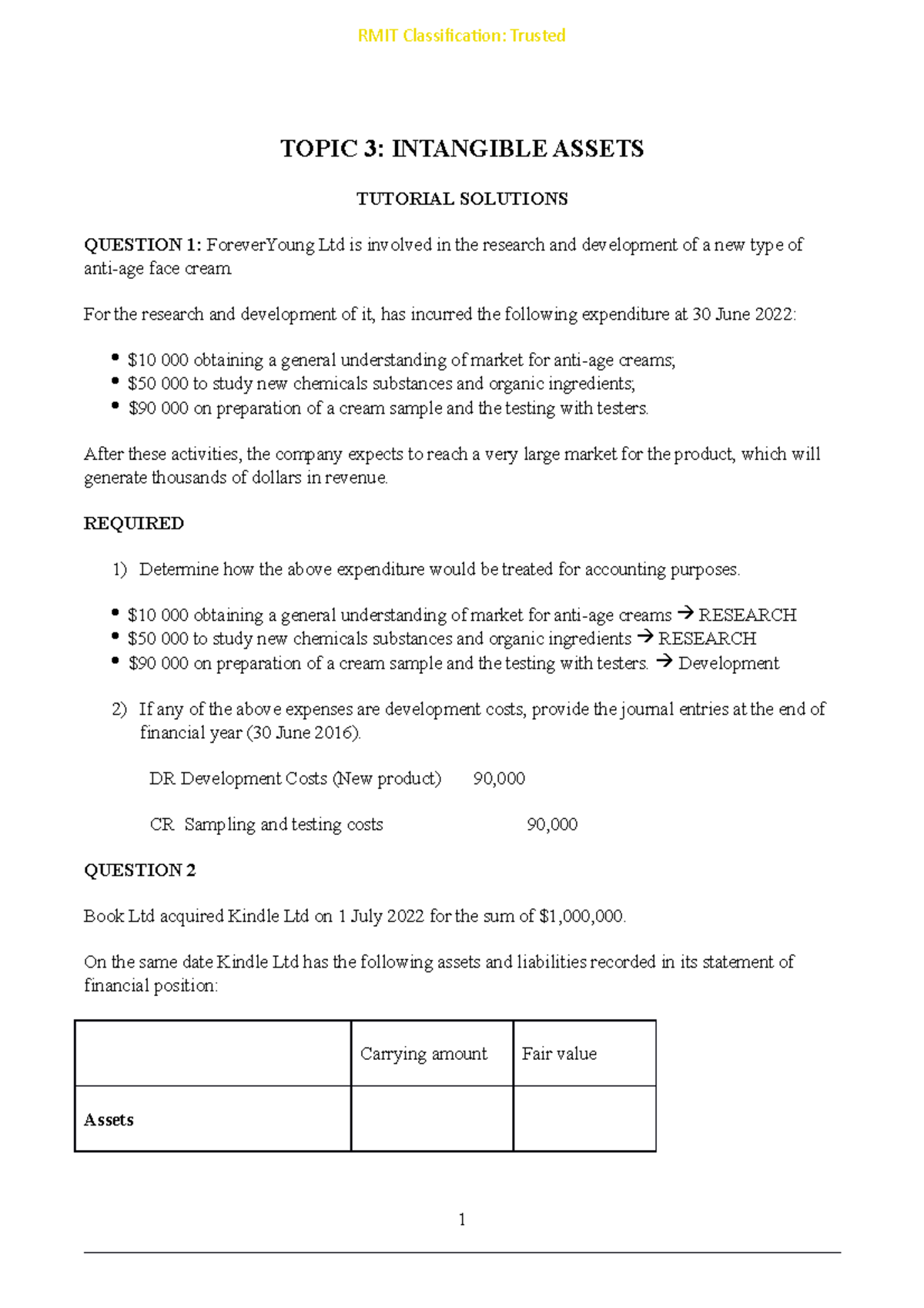 Topic 3 Tutorial Solutions - TOPIC 3: INTANGIBLE ASSETS TUTORIAL ...