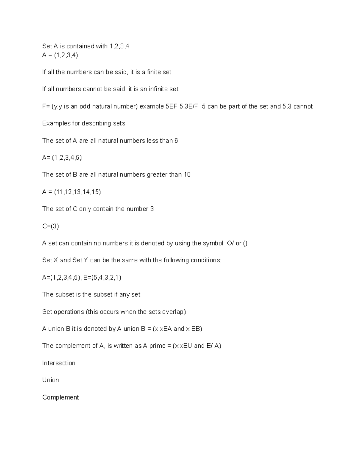 Sets - notes - Set A is contained with 1,2,3, A = (1,2,3,4) If all the ...