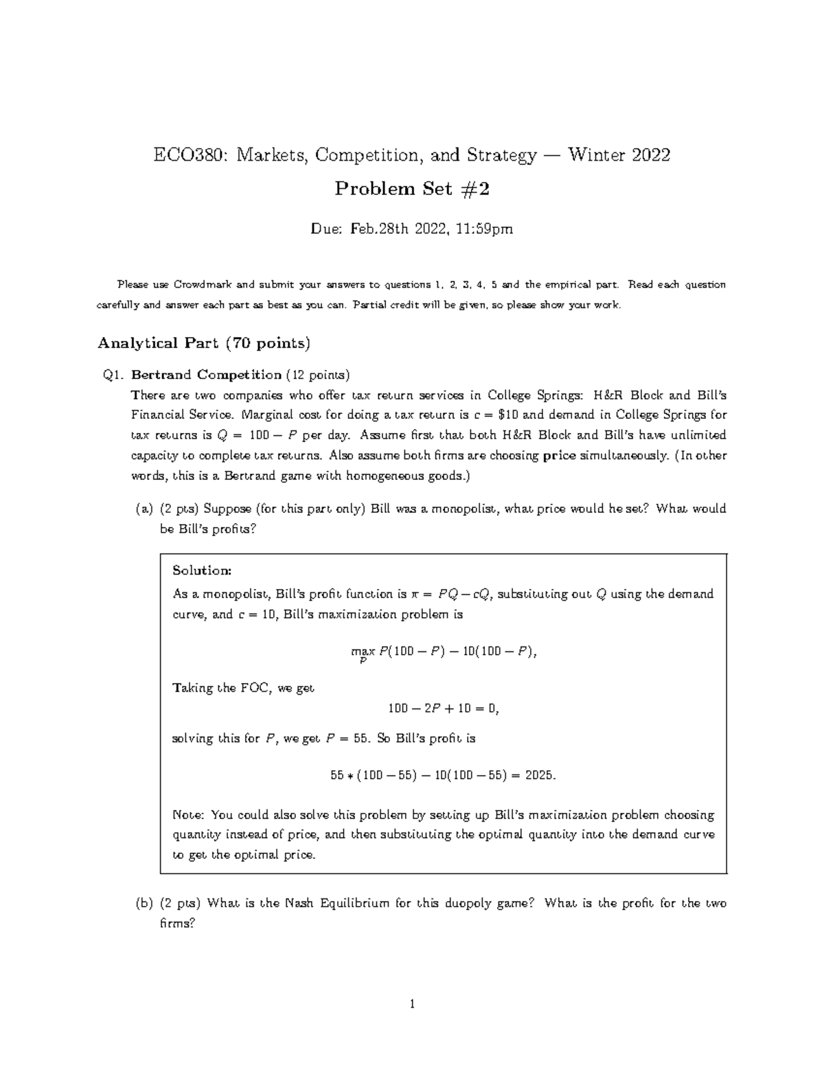 ECO380 HW2soln Analytical - ECO380: Markets, Competition, and Strategy ...