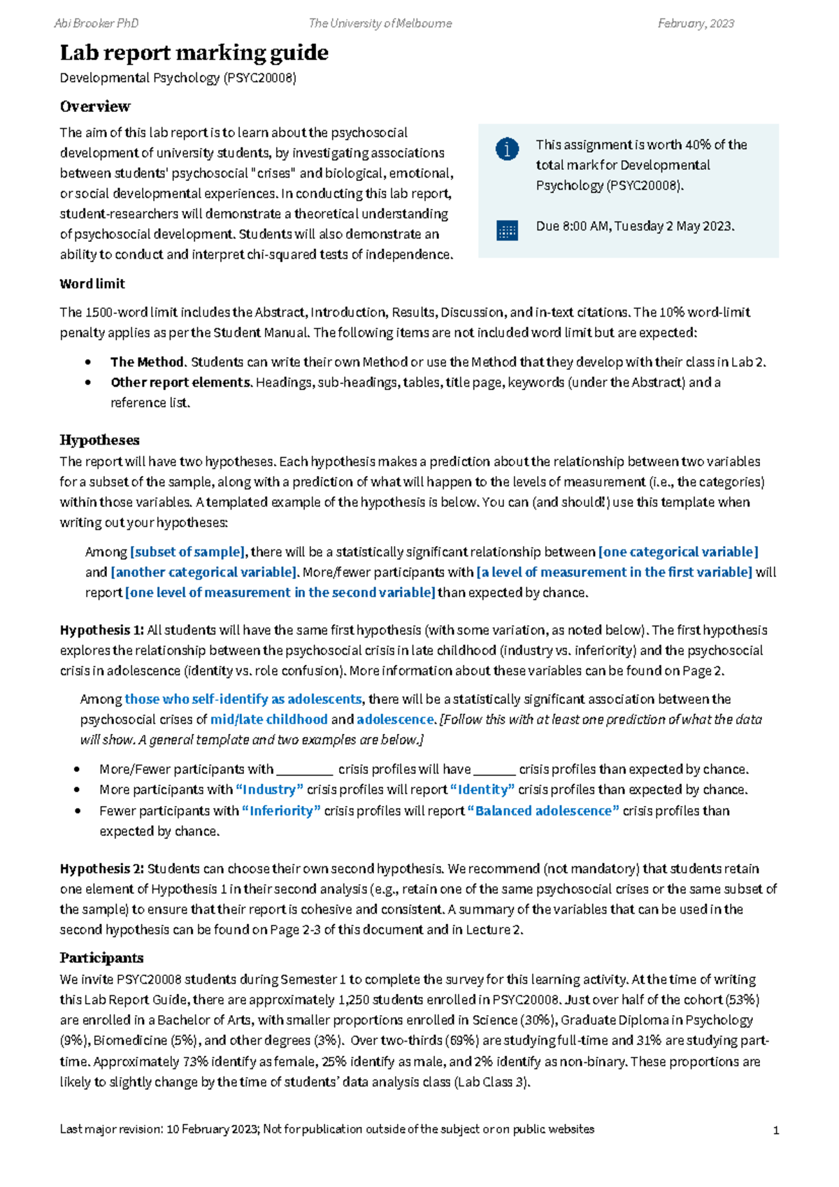 PSYC2000 8 2023 lab report guide - Lab report marking guide Developmental Psychology (PSYC20008 ...