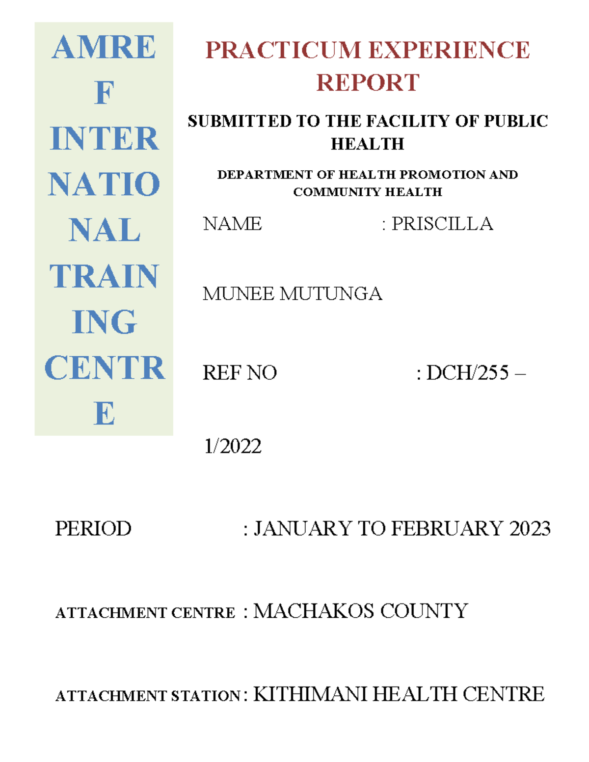 Practicum Experience Report - PRACTICUM EXPERIENCE REPORT SUBMITTED TO ...