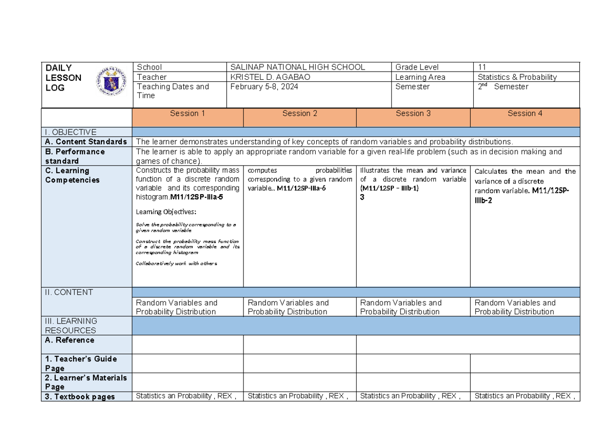 STAT AND P-DLL-WEEK1 - DAILY LESSON LOG School SALINAP NATIONAL HIGH ...
