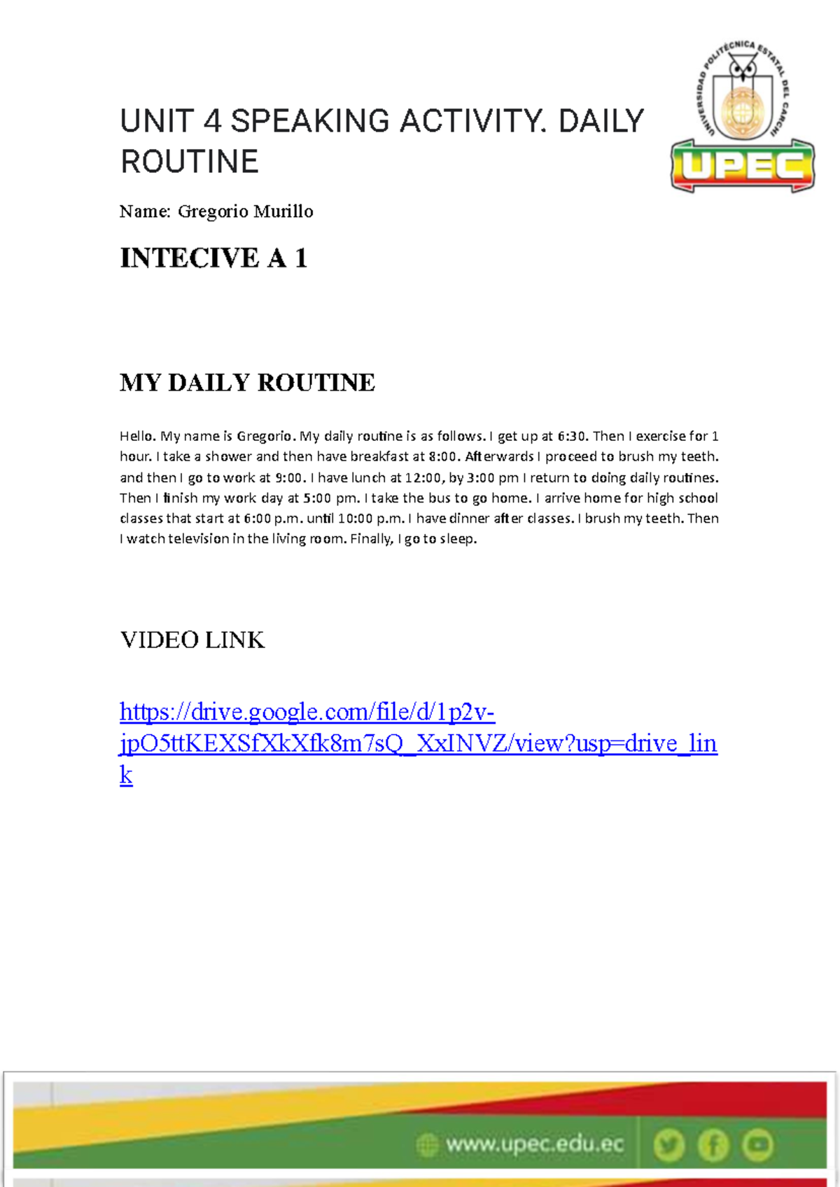 UNIT 4 Speaking Activity . Daily Routine - UNIT 4 SPEAKING ACTIVITY ...