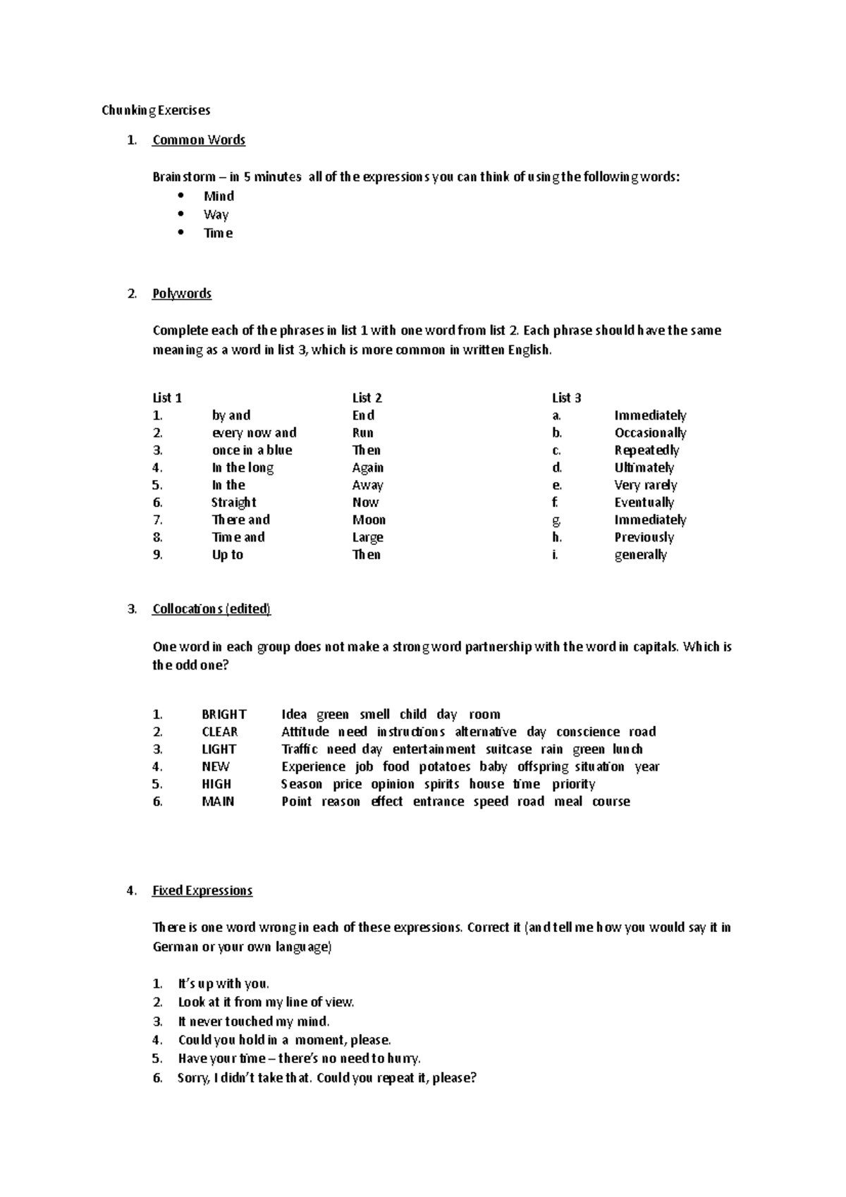 Chunking exercises - Sommersemester - Chunking Exercises Common Words ...