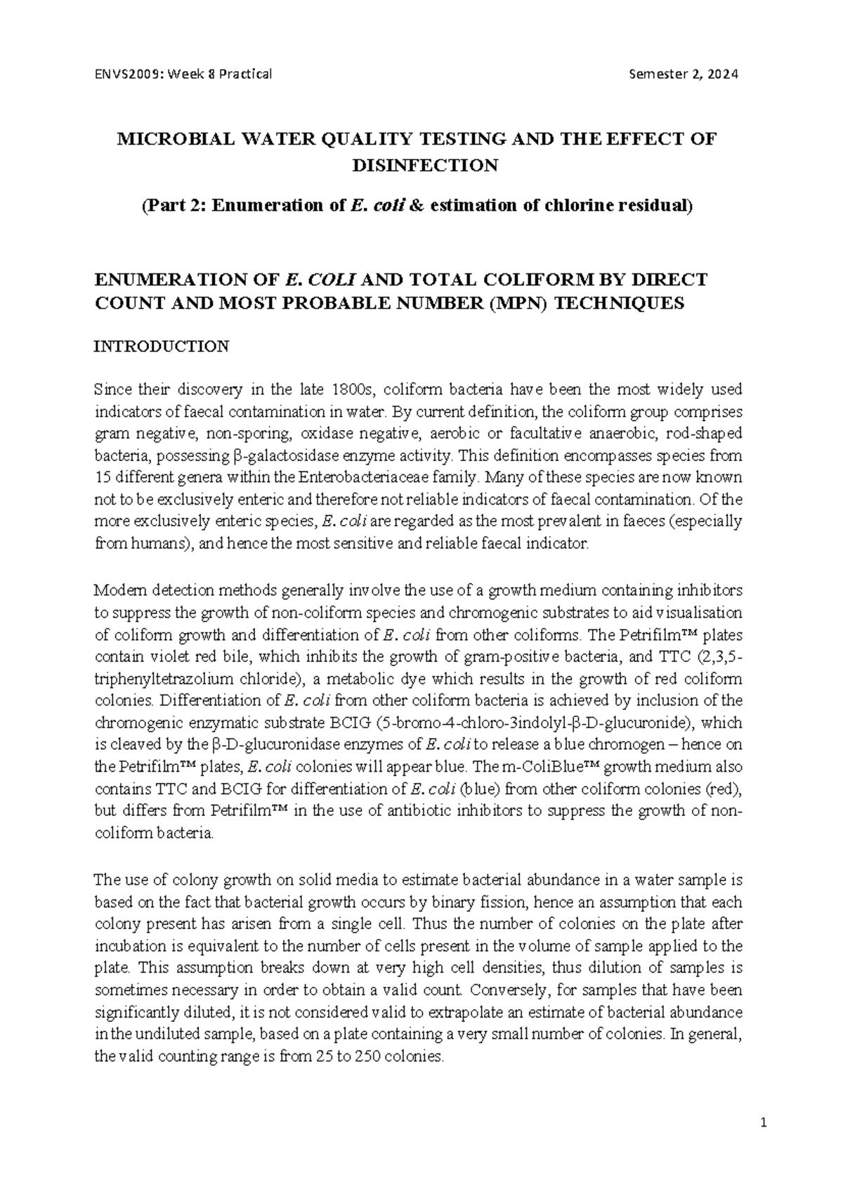 ENVS2009 Microbial water quality testing and disinfection Part II 2024 ...