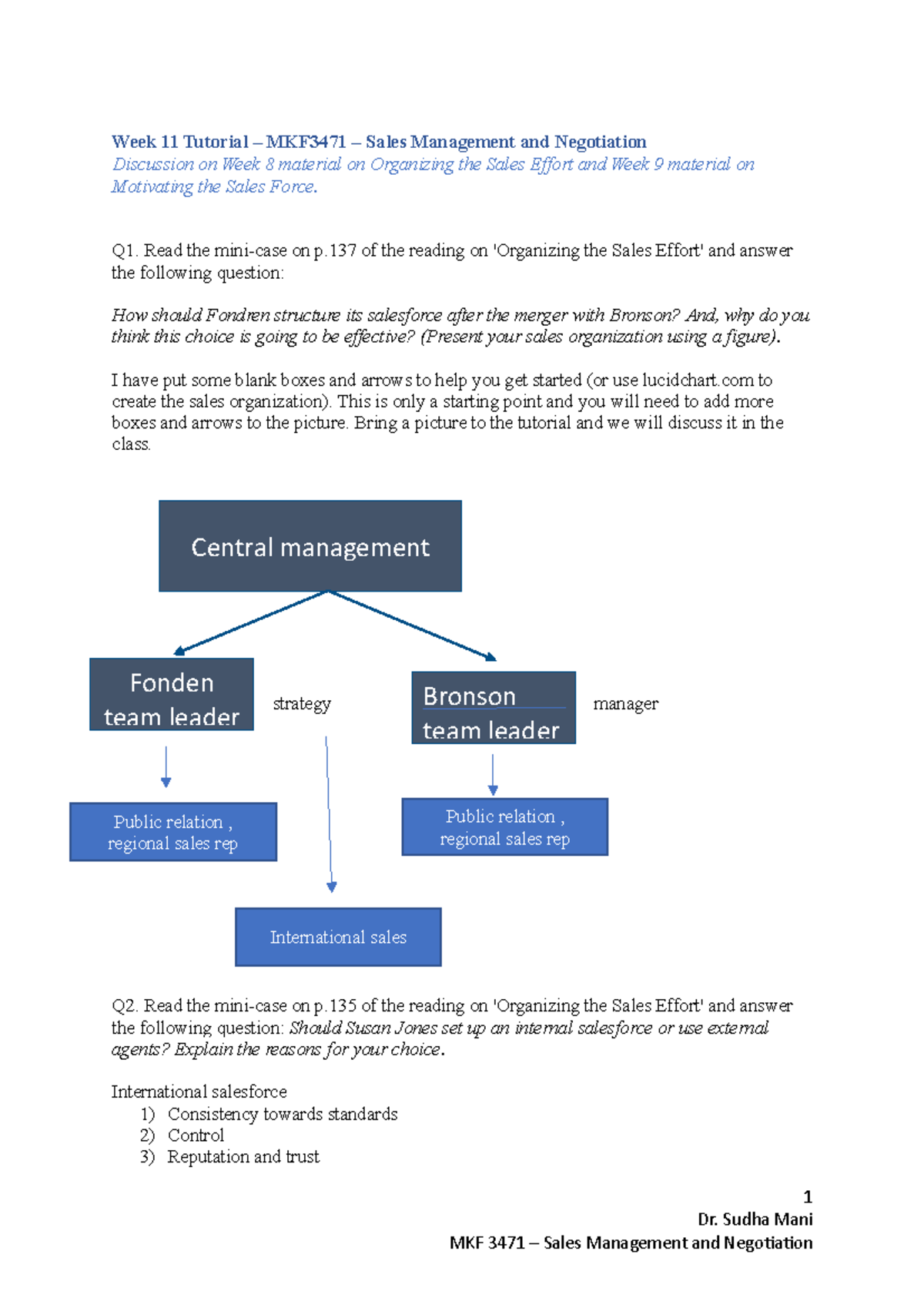 Tutorial prep questions Week 11 - Week 11 Tutorial – MKF3471 – Sales ...