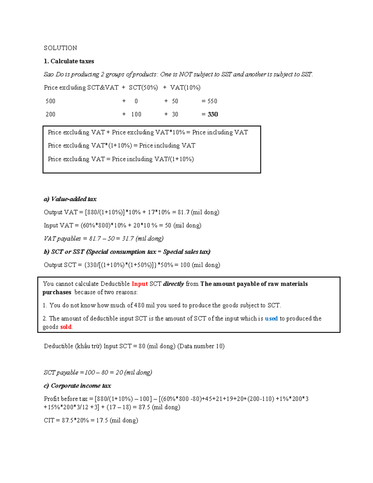 Problem FS- Solution - SOLUTION 1. Calculate taxes Sao Do is producing 2 groups of products: One ...