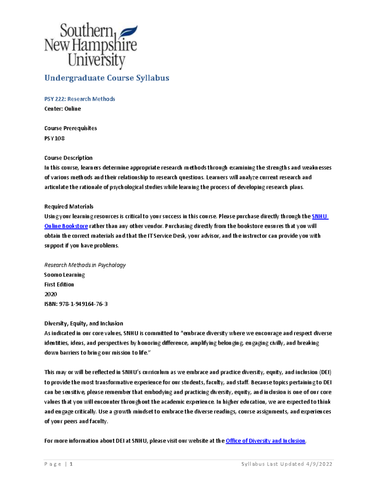 PSY 222 Syllabus - Undergraduate Course Syllabus PSY 222: Research Methods Center: Online Course ...