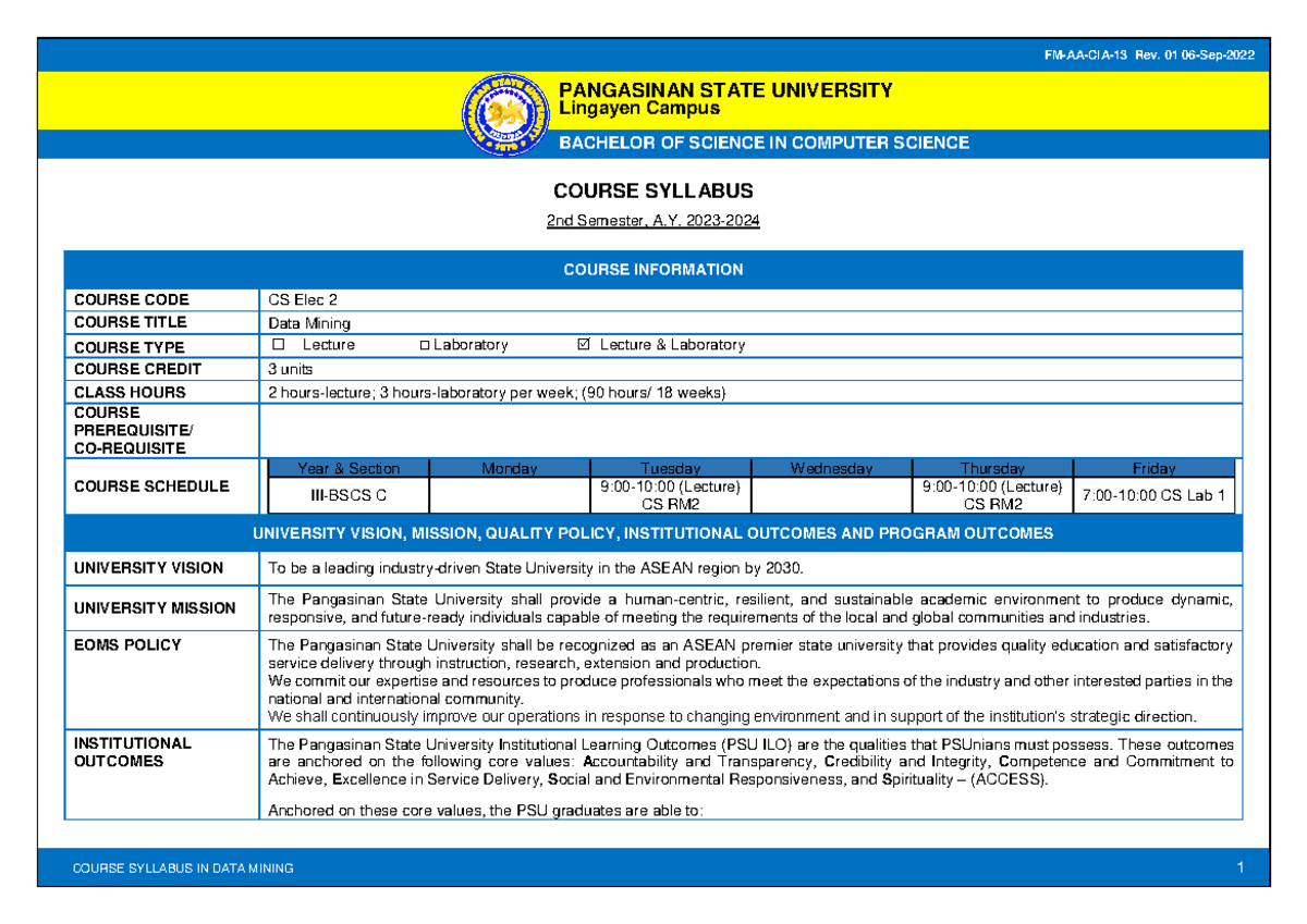 Data-Mining 1 - Machine - COURSE SYLLABUS 2nd Semester, A. 2023 - 2024 ...