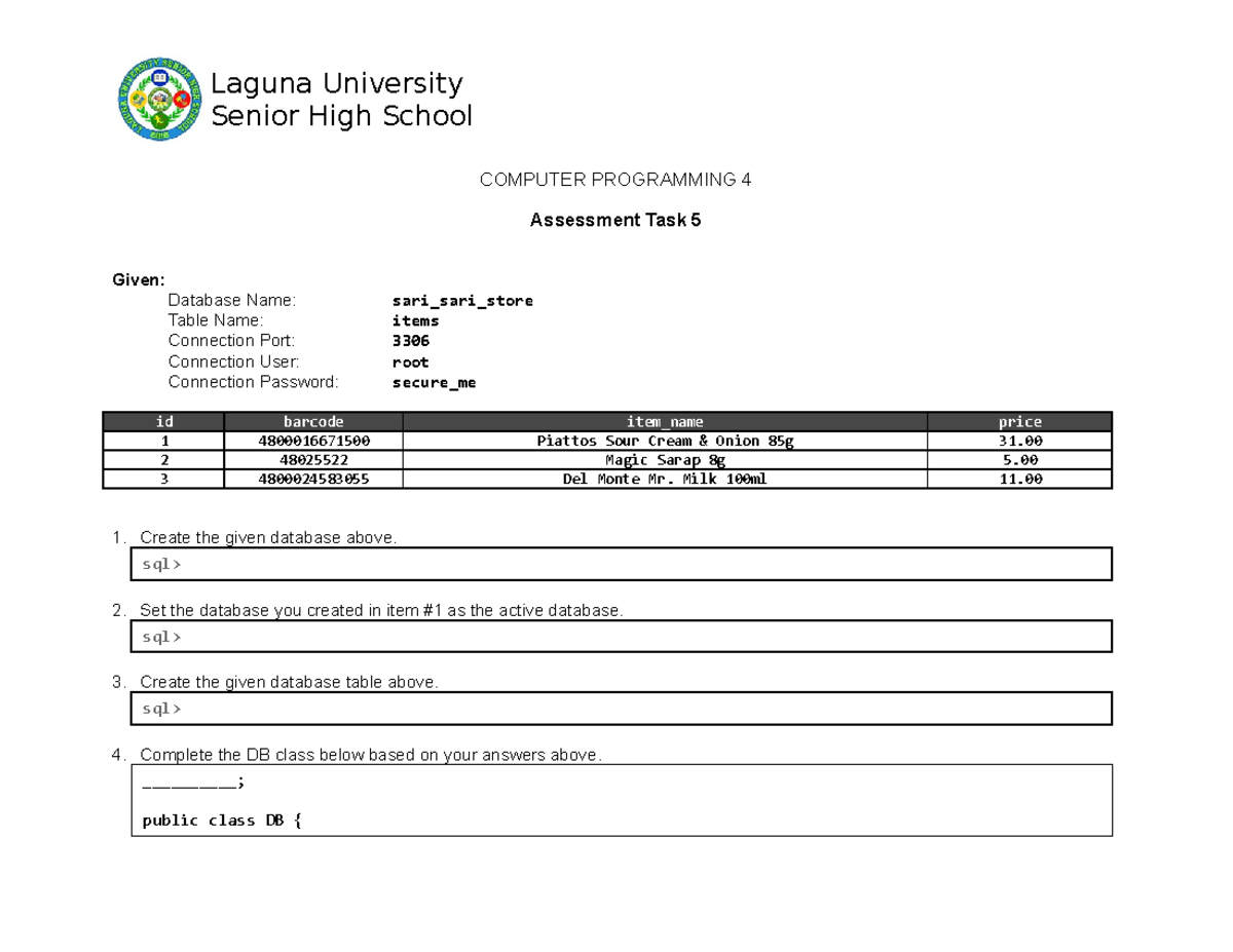 Assessment Task 5 - Java codes - Senior High School COMPUTER ...