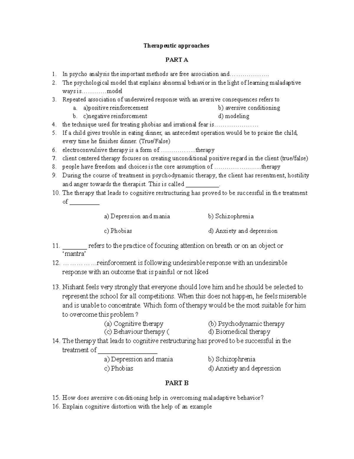 Psychotherapy - Worksheet - Therapeutic approaches PART A In psycho ...