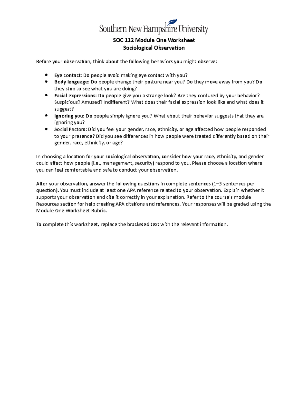 SOC112 Module 1-2 Activity - SOC 112 Module One Worksheet Sociological ...
