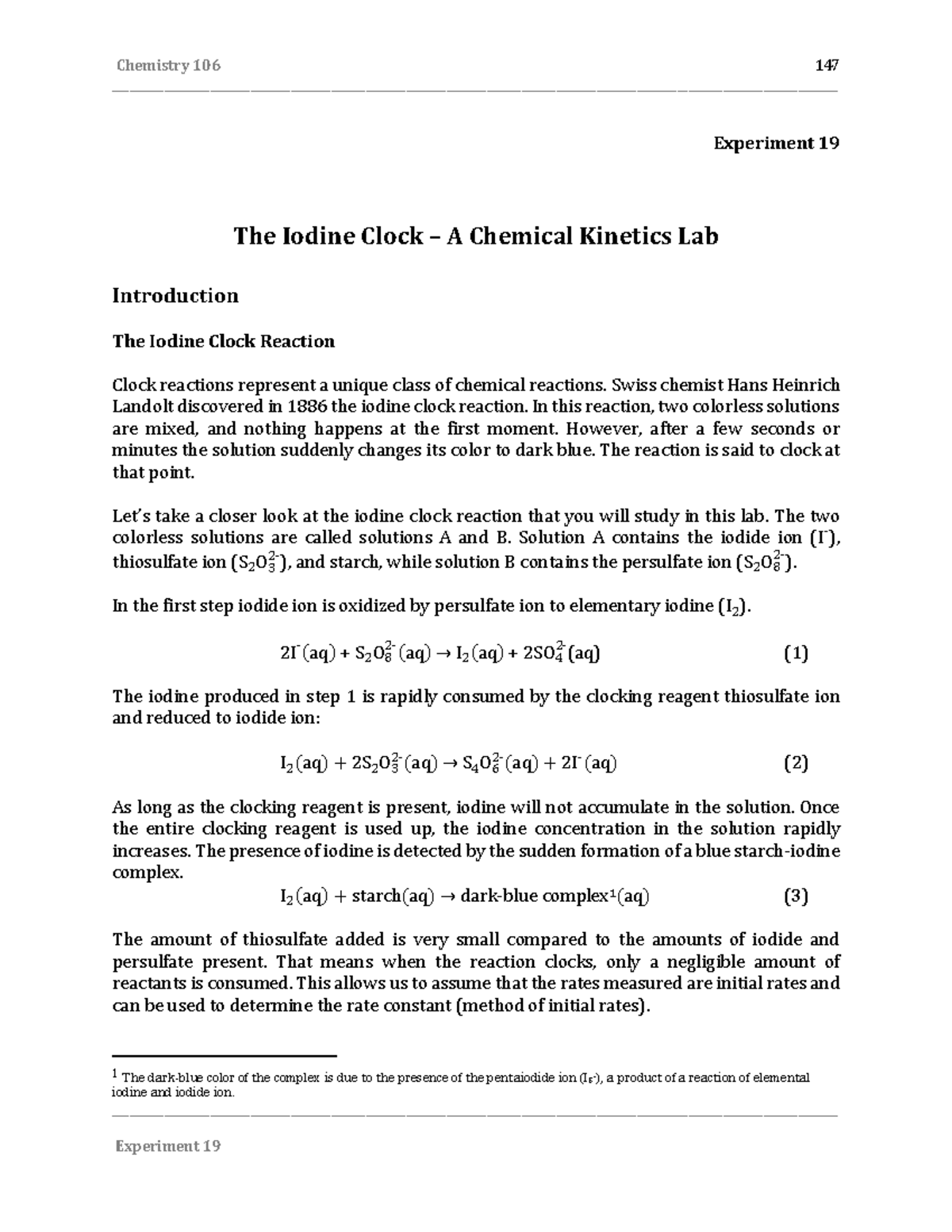 Lab 19 - Manual - Chemistry 10 6 Experiment 19 The Iodine Clock – A ...