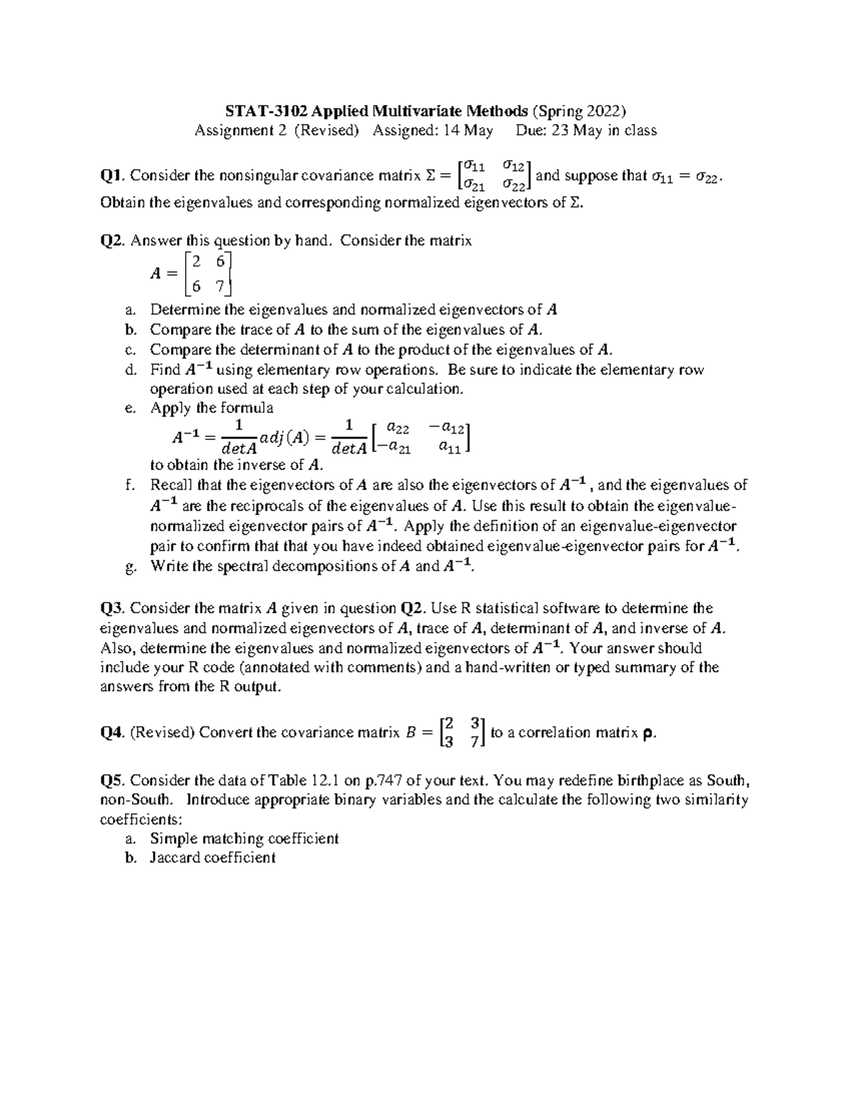 Assignment 2 Revised S 2022 Stat 3102 Applied Multivariate Methods Spring 2022 Assignment 2