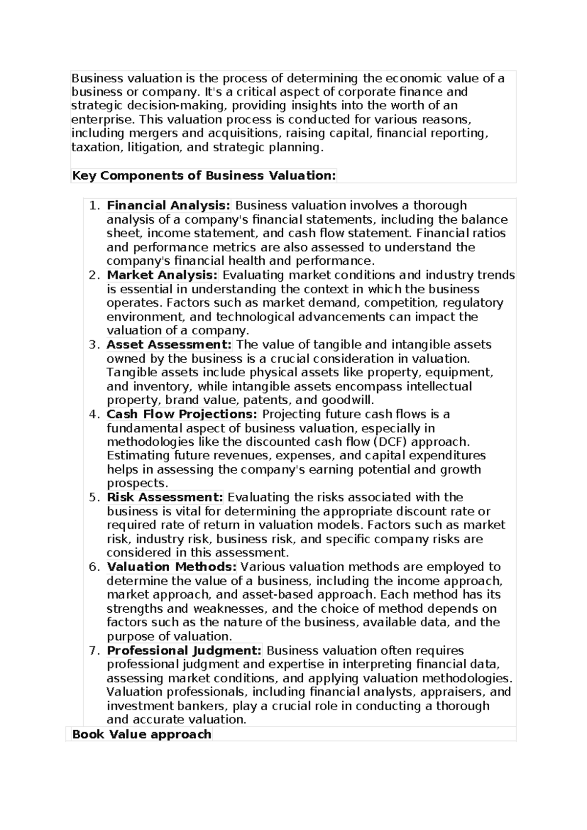 UNIT 1 - Contains all notes - Business valuation is the process of ...