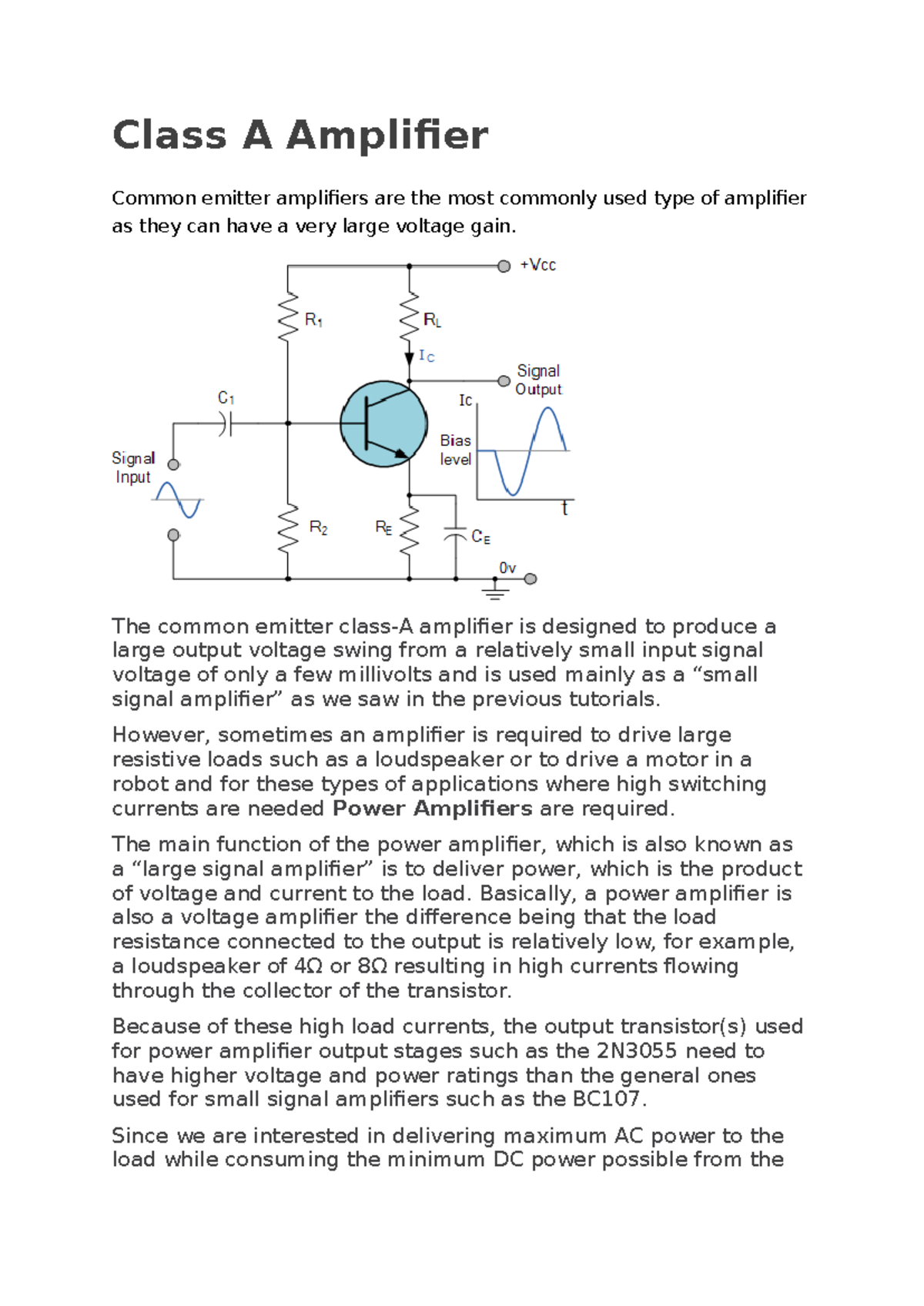 Class A Amplifiers - Summary Electrical Engineering- Industrial ...