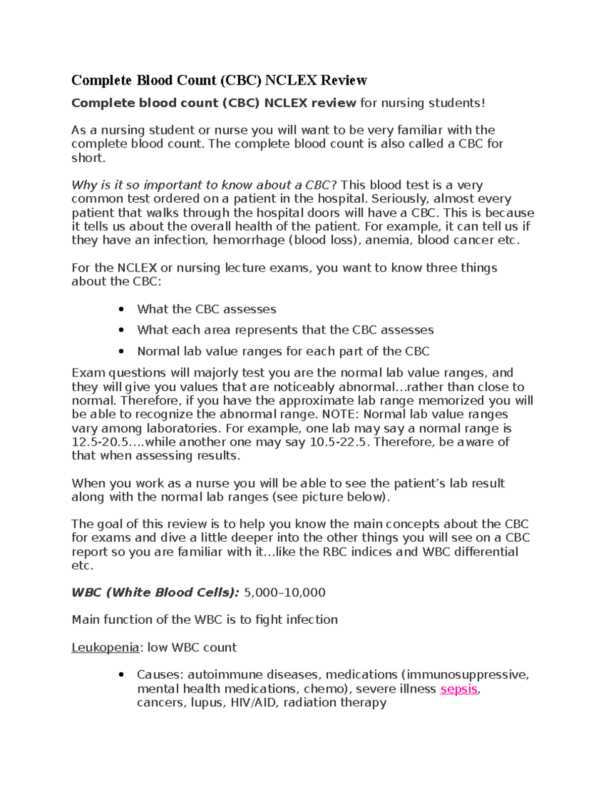CBC - Critical care - Complete Blood Count (CBC) NCLEX Review Complete ...