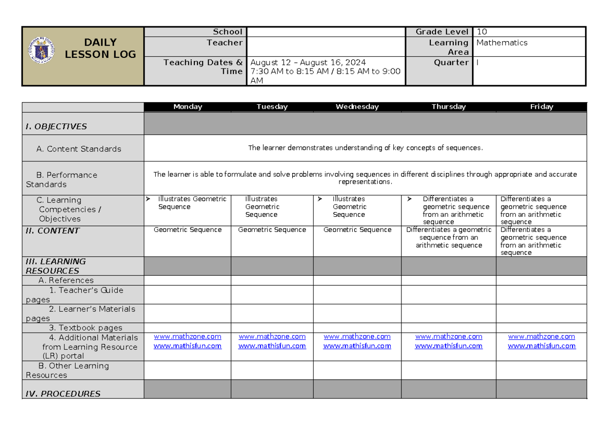Daily Lesson Log in Mathematics - DAILY LESSON LOG School Grade Level ...