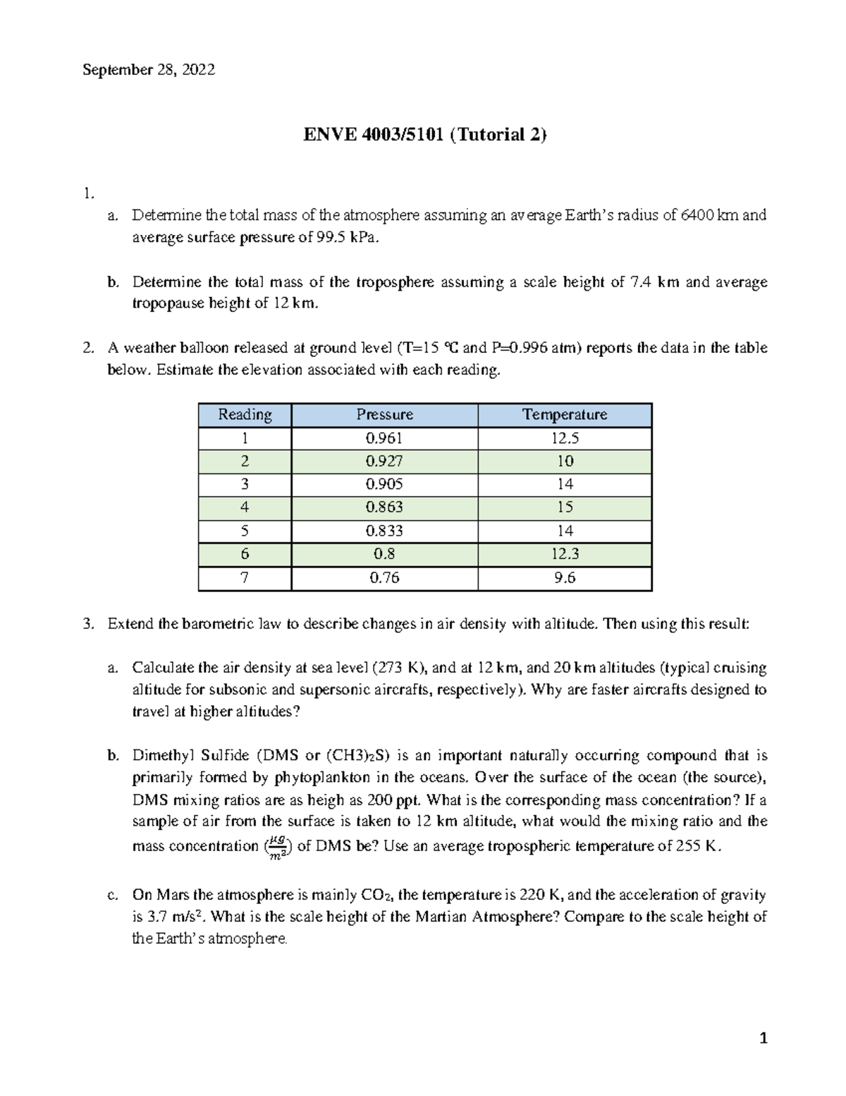 ENVE4003 5101 Tutorial 2 - 1 September 28, 2022 ENVE 4003/5101 ...