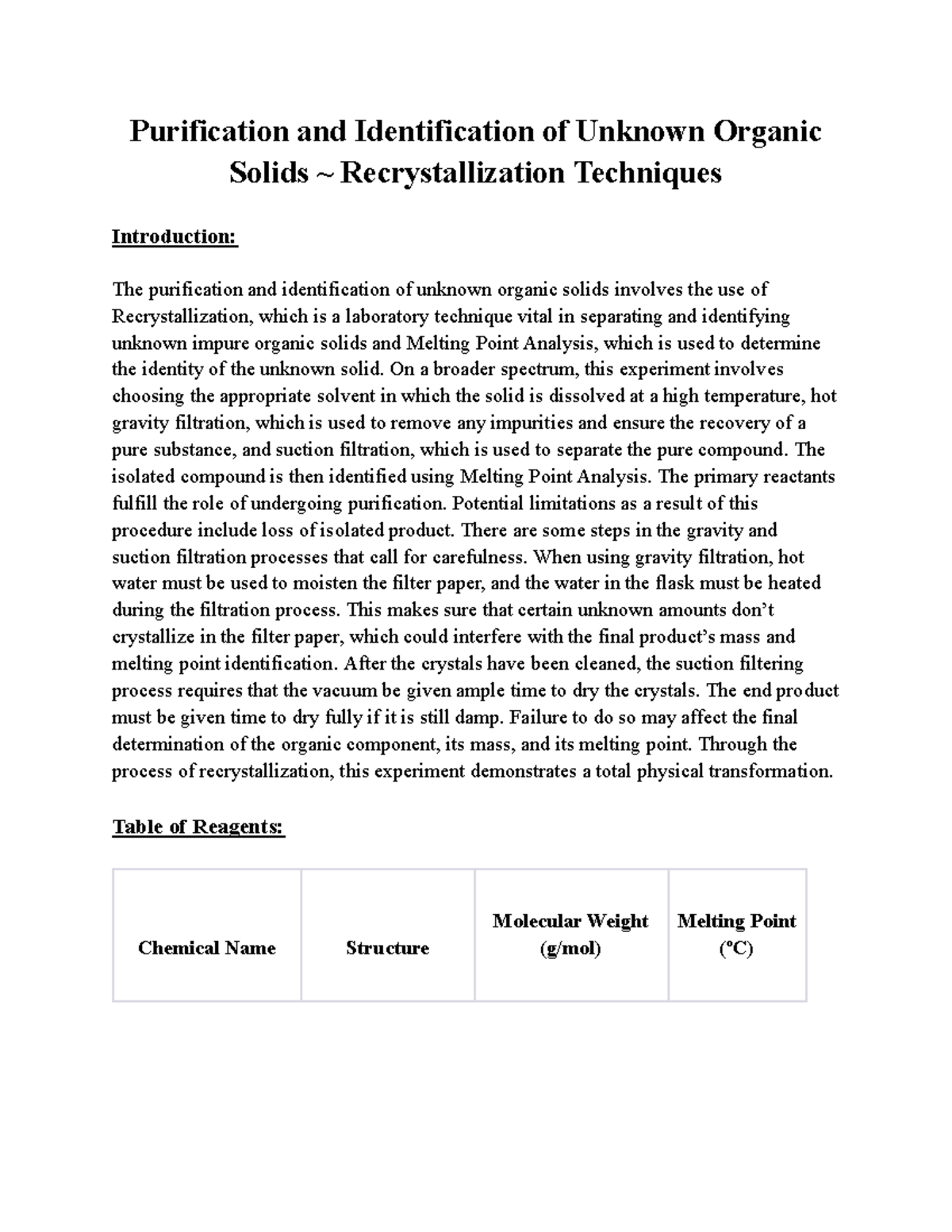 CHEM 2211L E1 - Purification and Identification of Unknown Organic ...