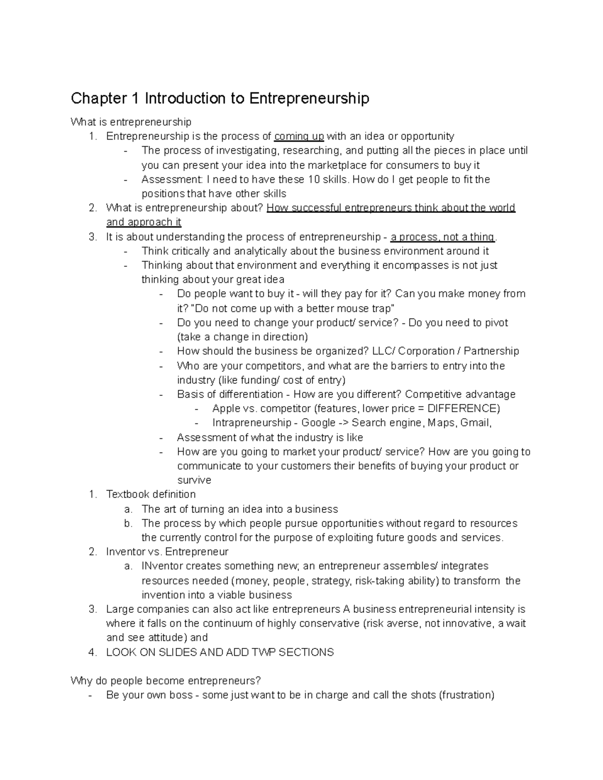ENTR - Class notes. - Chapter 1 Introduction to Entrepreneurship What ...