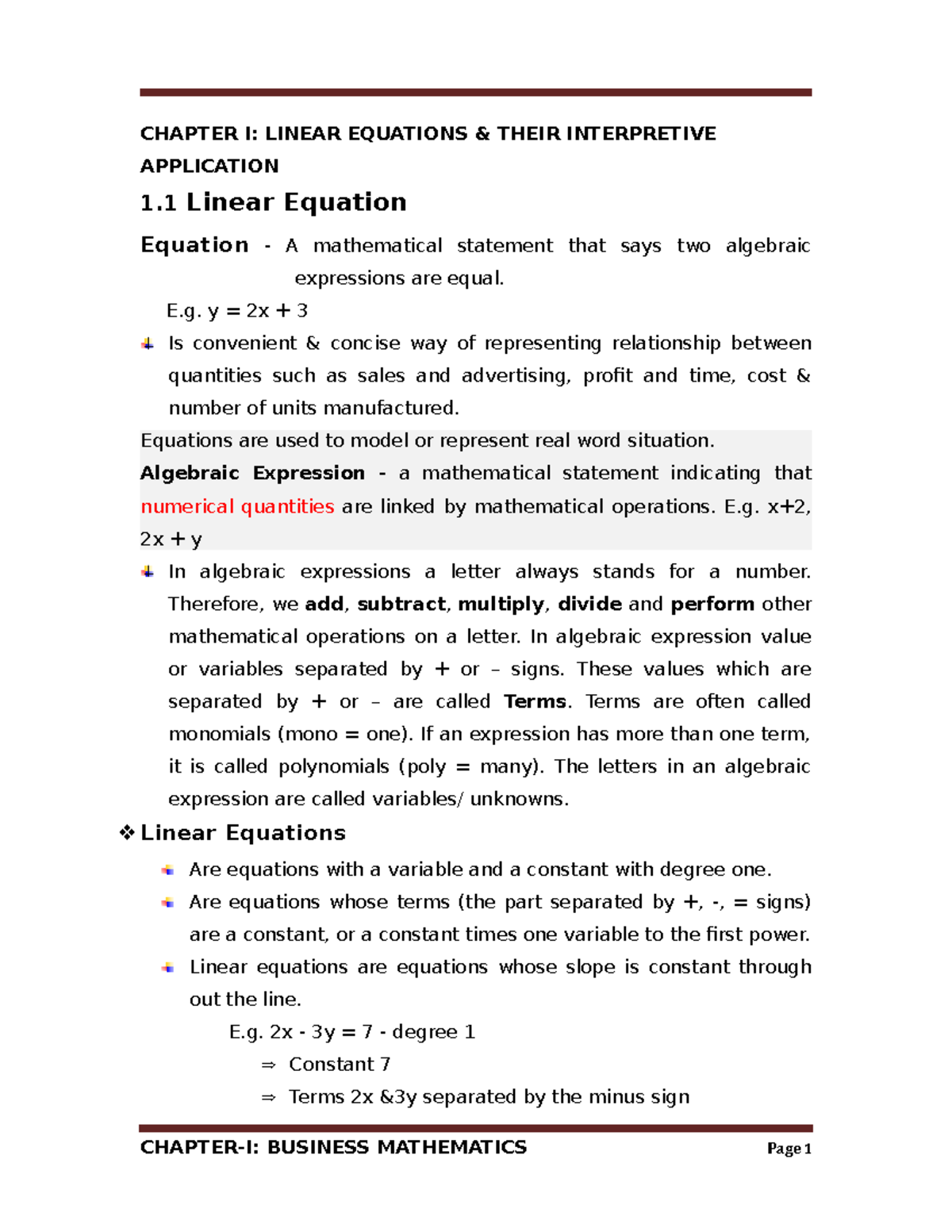 Business Mathematics CH-I - CHAPTER I: LINEAR EQUATIONS & THEIR ...