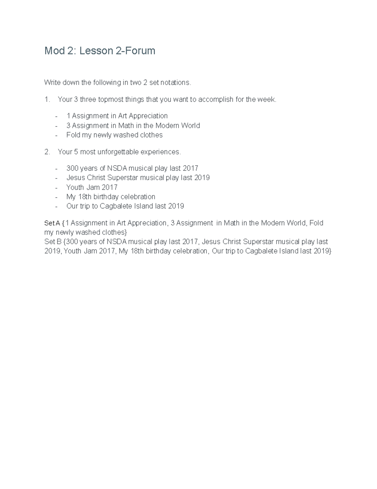 MMW- Mod 2 Lesson 2-Forum - Mod 2: Lesson 2-Forum Write down the ...