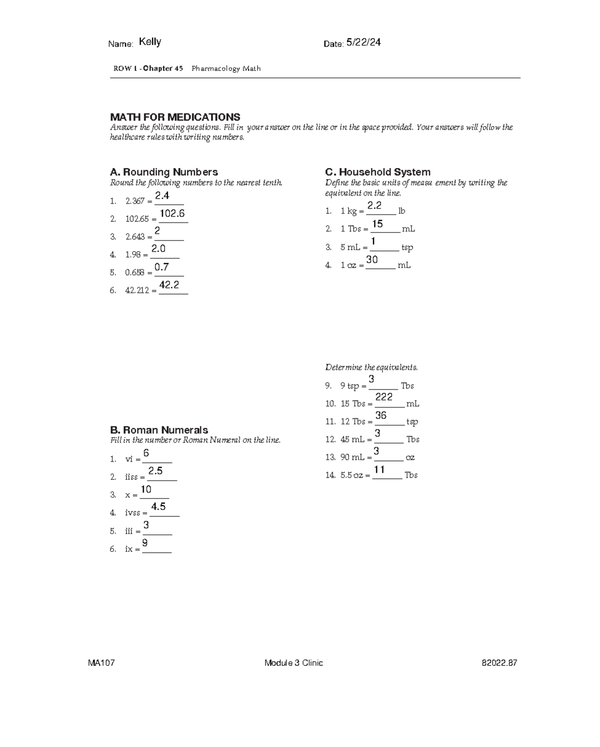 MA107 ROW 1 - homwork - ROW 1 - Chapter 45 Pharmacology Math MATH FOR ...